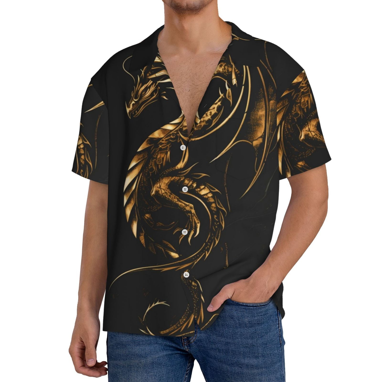 Daiia Golden Dragon Tattoo Art Men's Linen Shirts Short Sleeve Casual ...