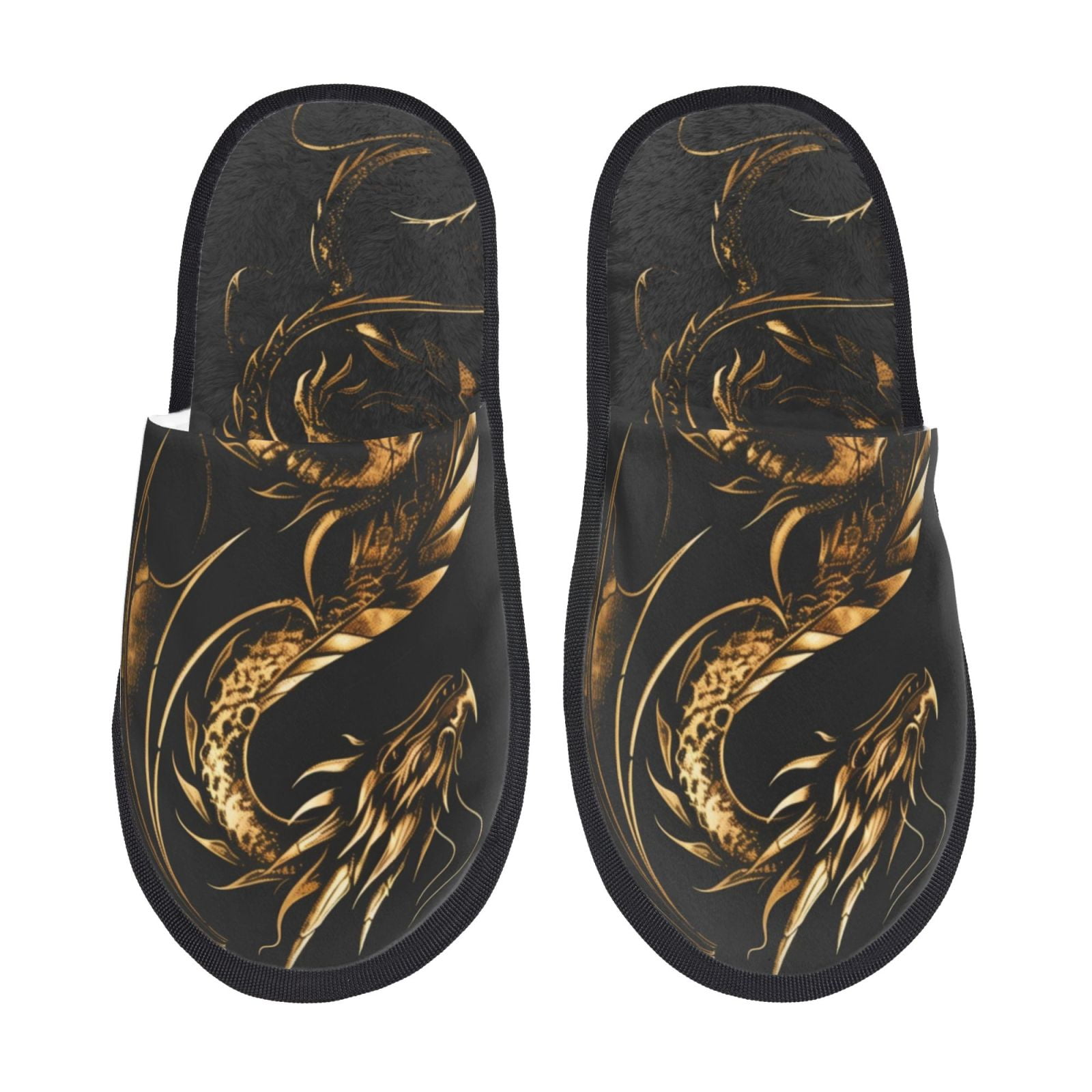 Daiia Golden Dragon Tattoo Art Pattern Furry Slippers for Women and Men ...