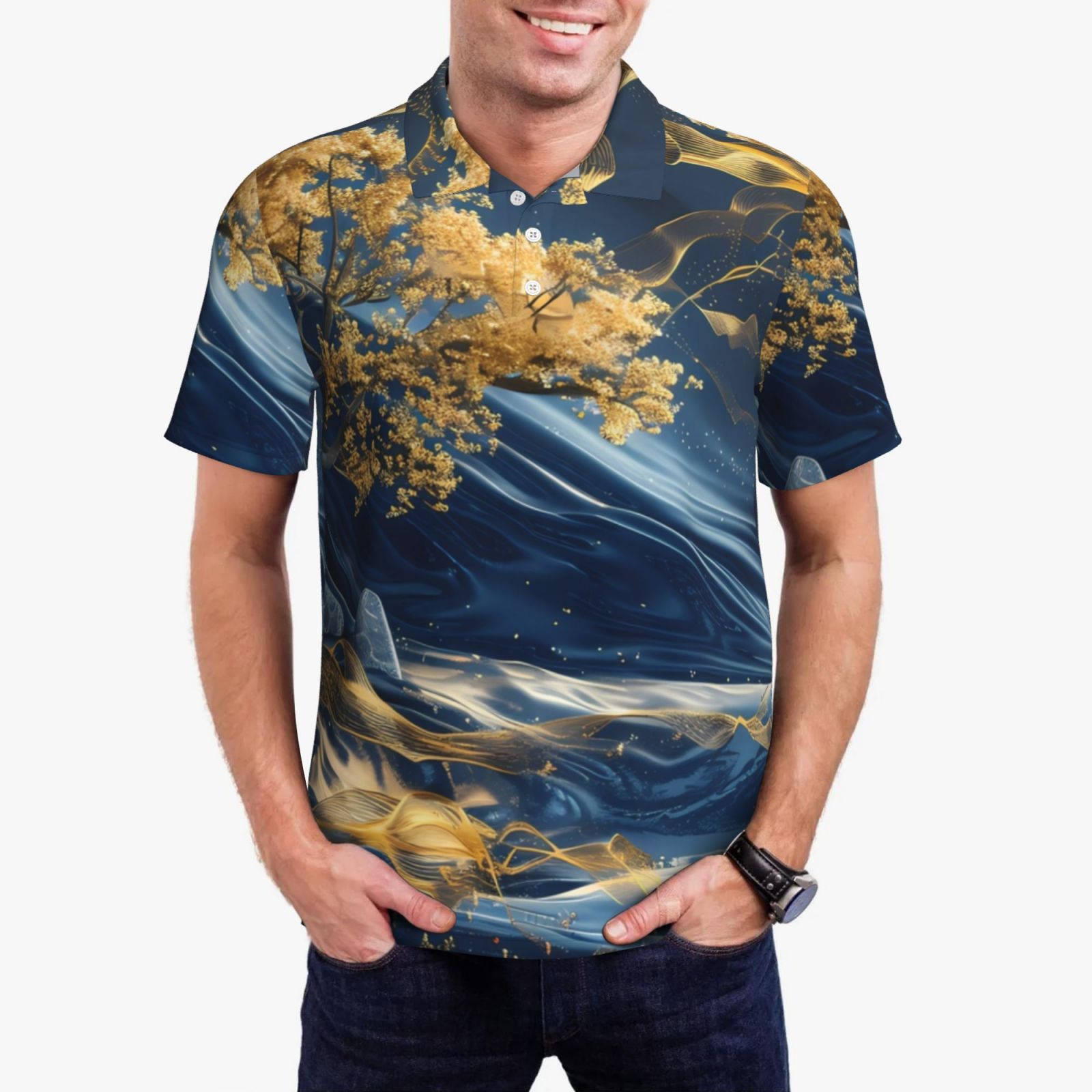 Daiia Golden Fantasy Landscape Pattern Men’s Polo Shirts,Solid Deck ...