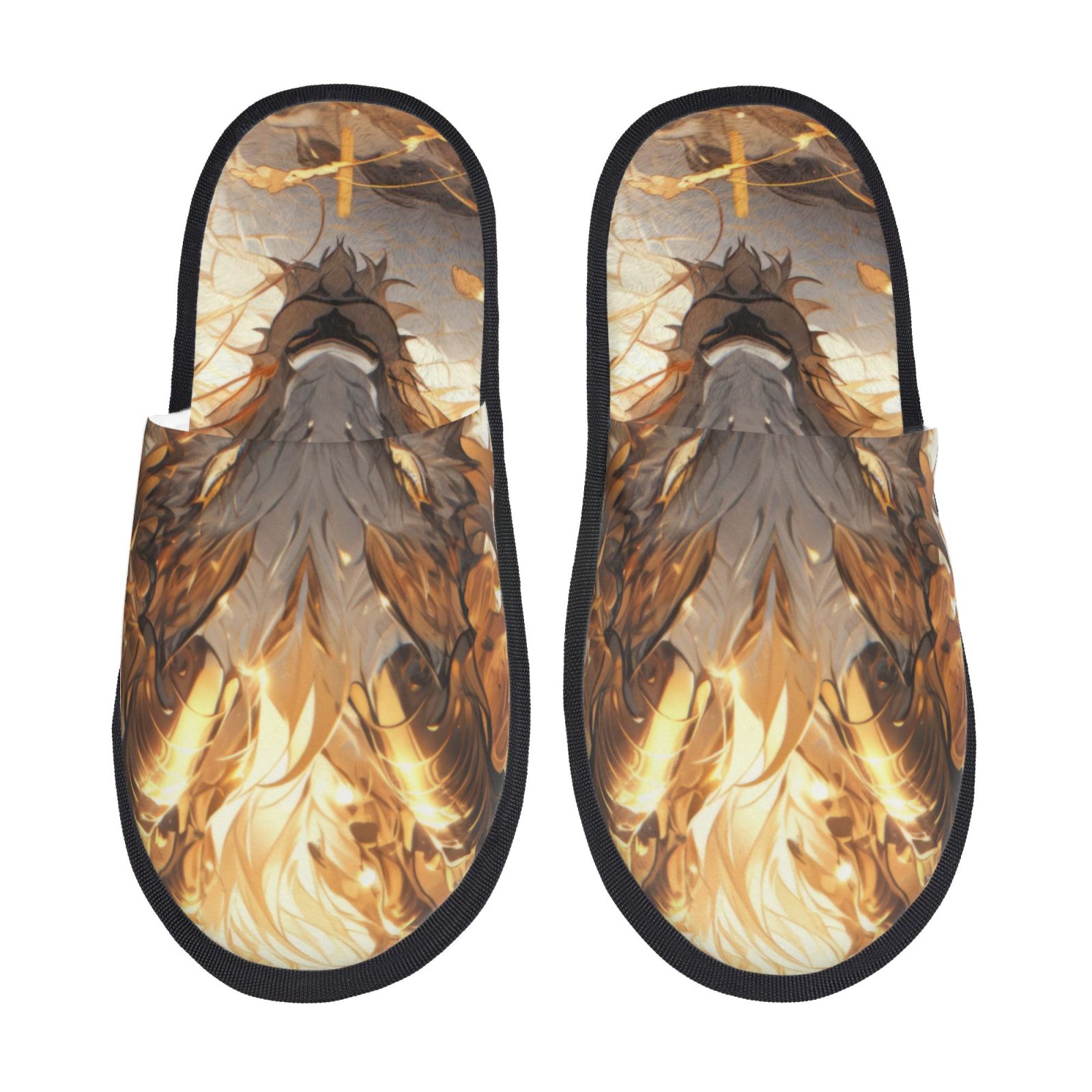 Daiia Golden Horned White Dragon Pattern Furry Slippers for Women and ...