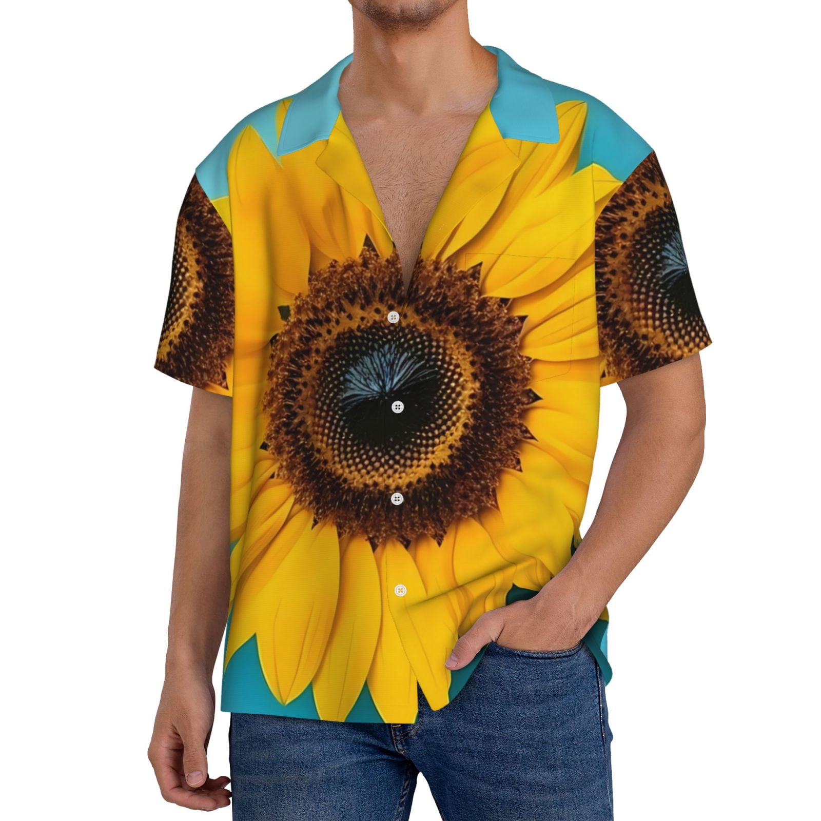 Daiia Golden Sunflower in Blue Men's Linen Shirts Short Sleeve Casual ...