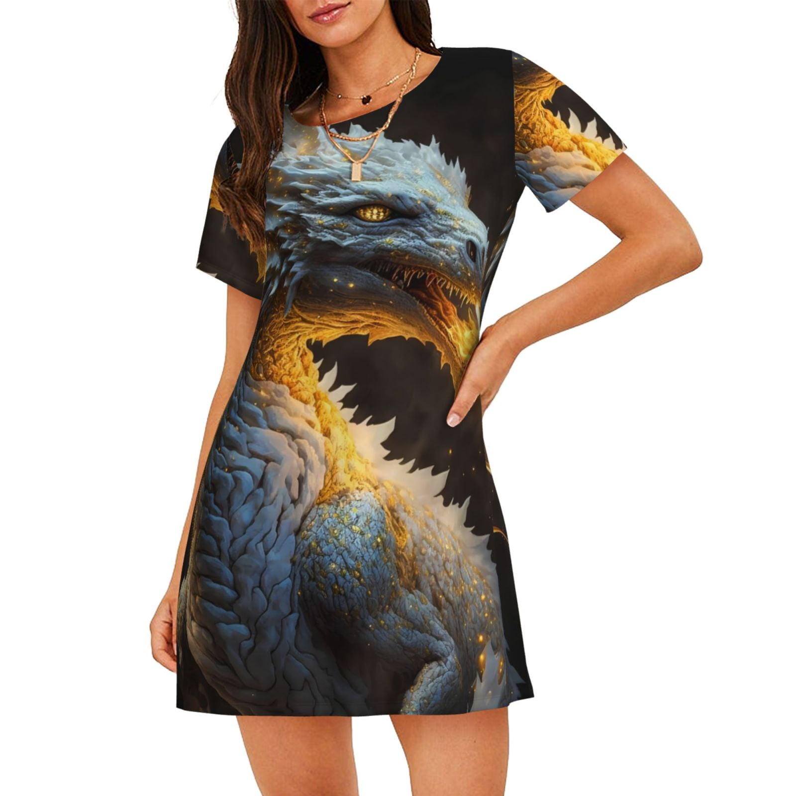 Daiia Golden White Fire Dragon Print Women's Nightshirt Soft Nightgowns ...