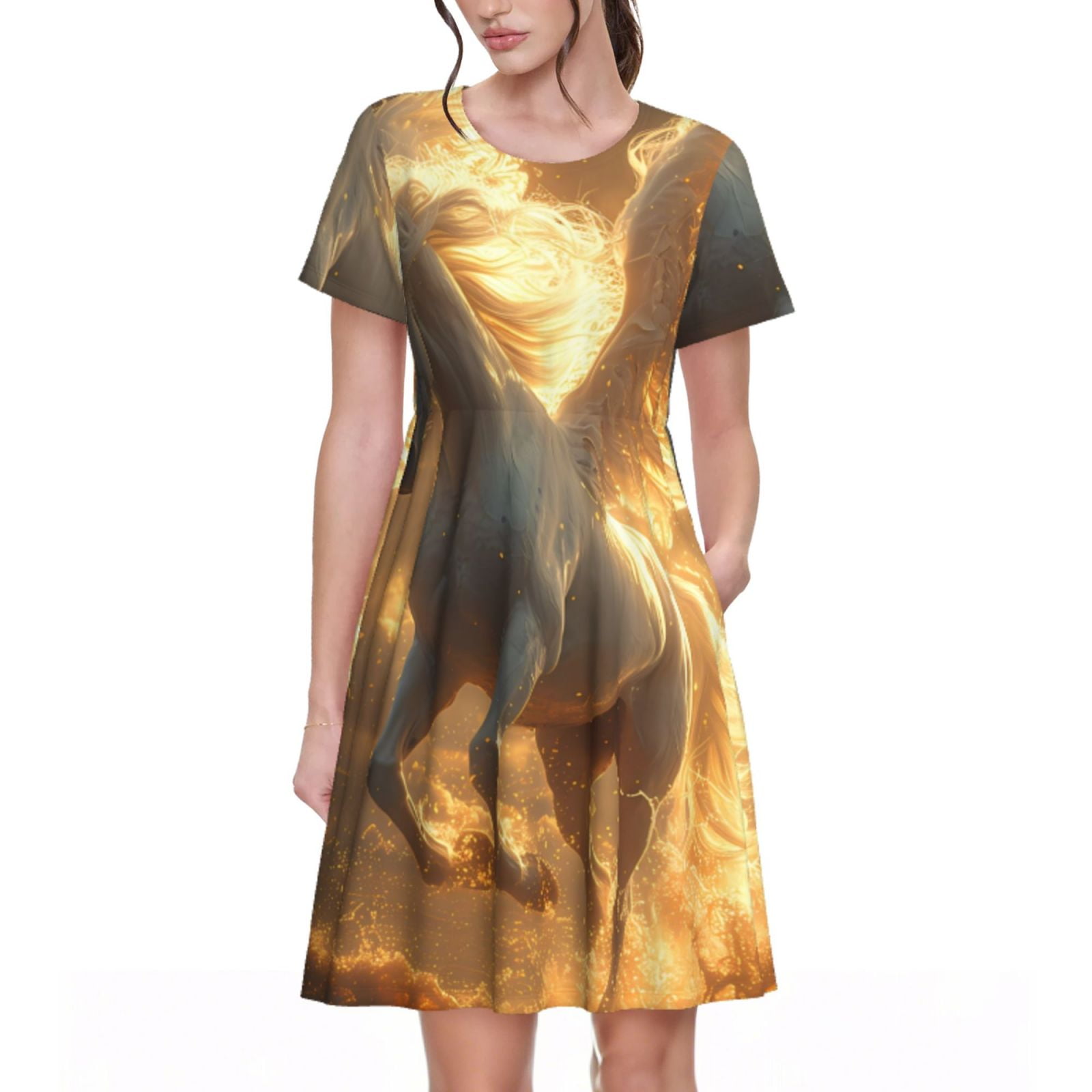 Daiia Golden Winged White Horse Print Women's Dresses 2025 Trendy Short ...