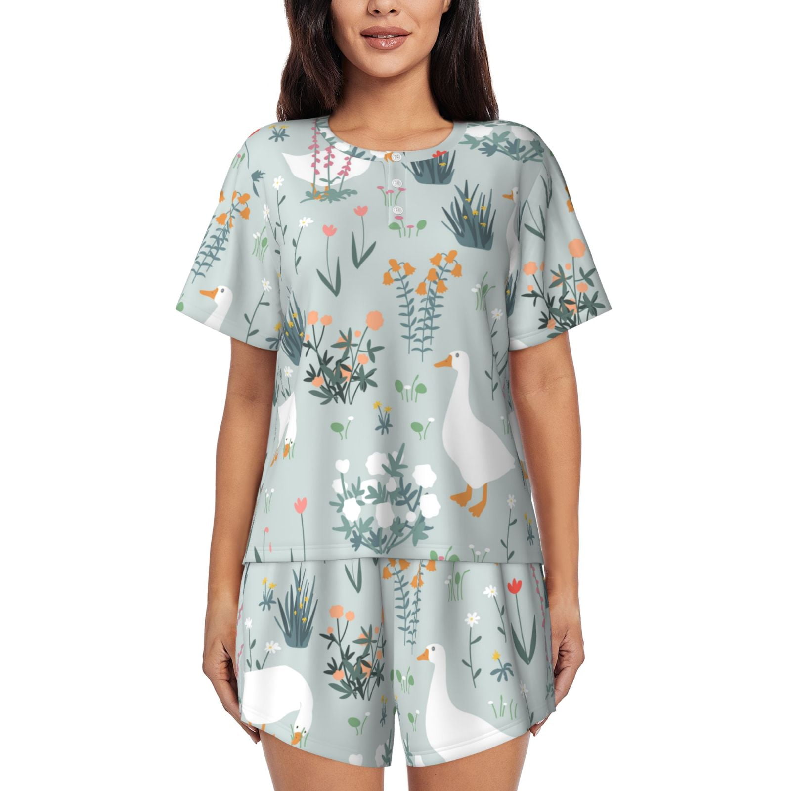 Daiia Goose and Doodle Flowers Pattern Womens Pajama Sets Short Sleeve ...