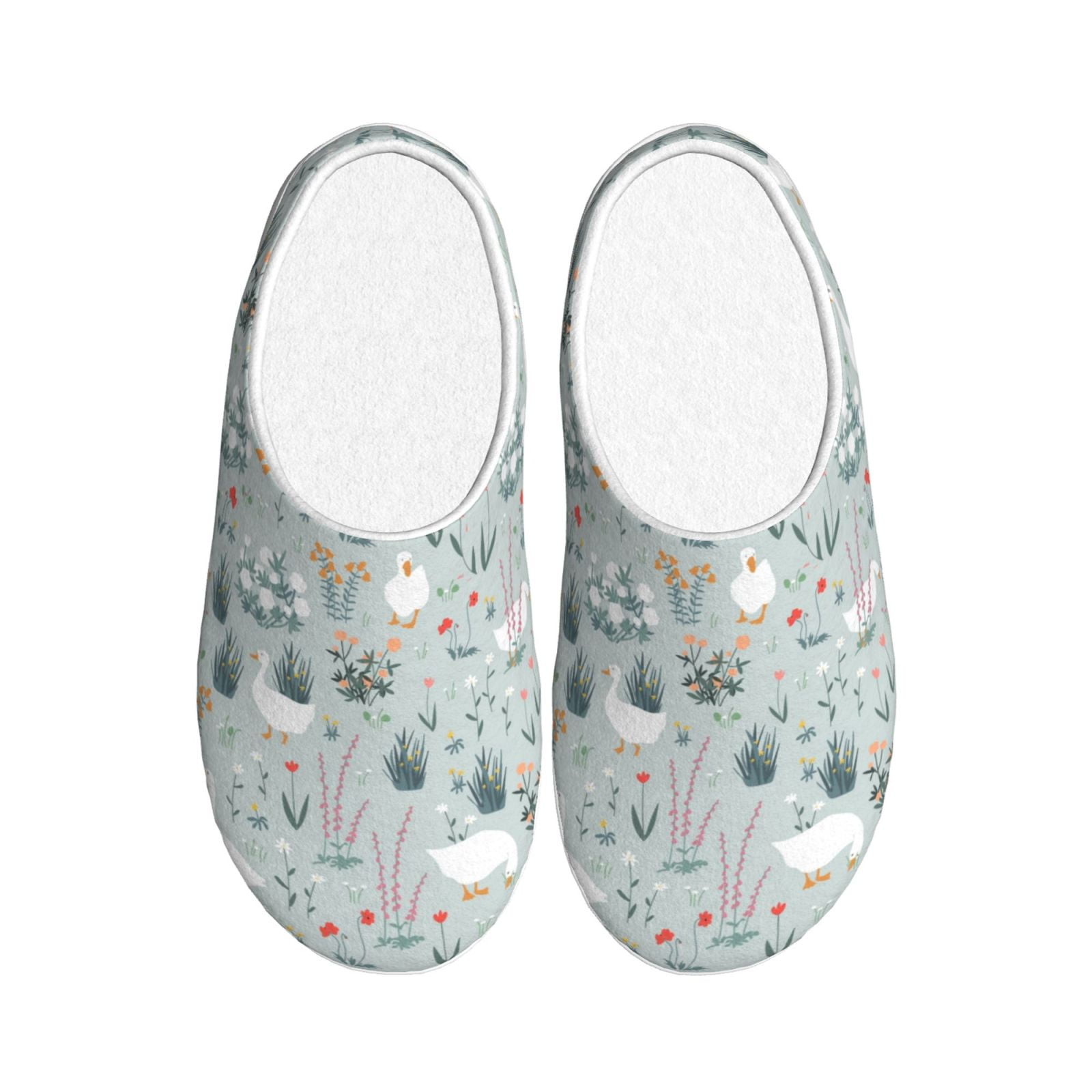 Daiia Goose and Doodle Flowers Print Women’s Fuzzy Slippers Memory Foam ...
