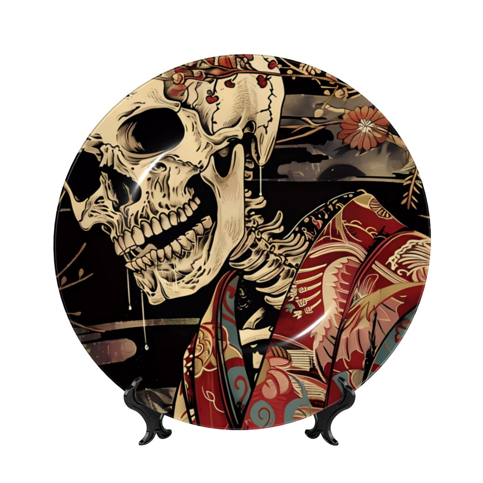 Daiia Gothic Eastern Floral Skull Printed Pattern Ceramic Plate Dinner ...