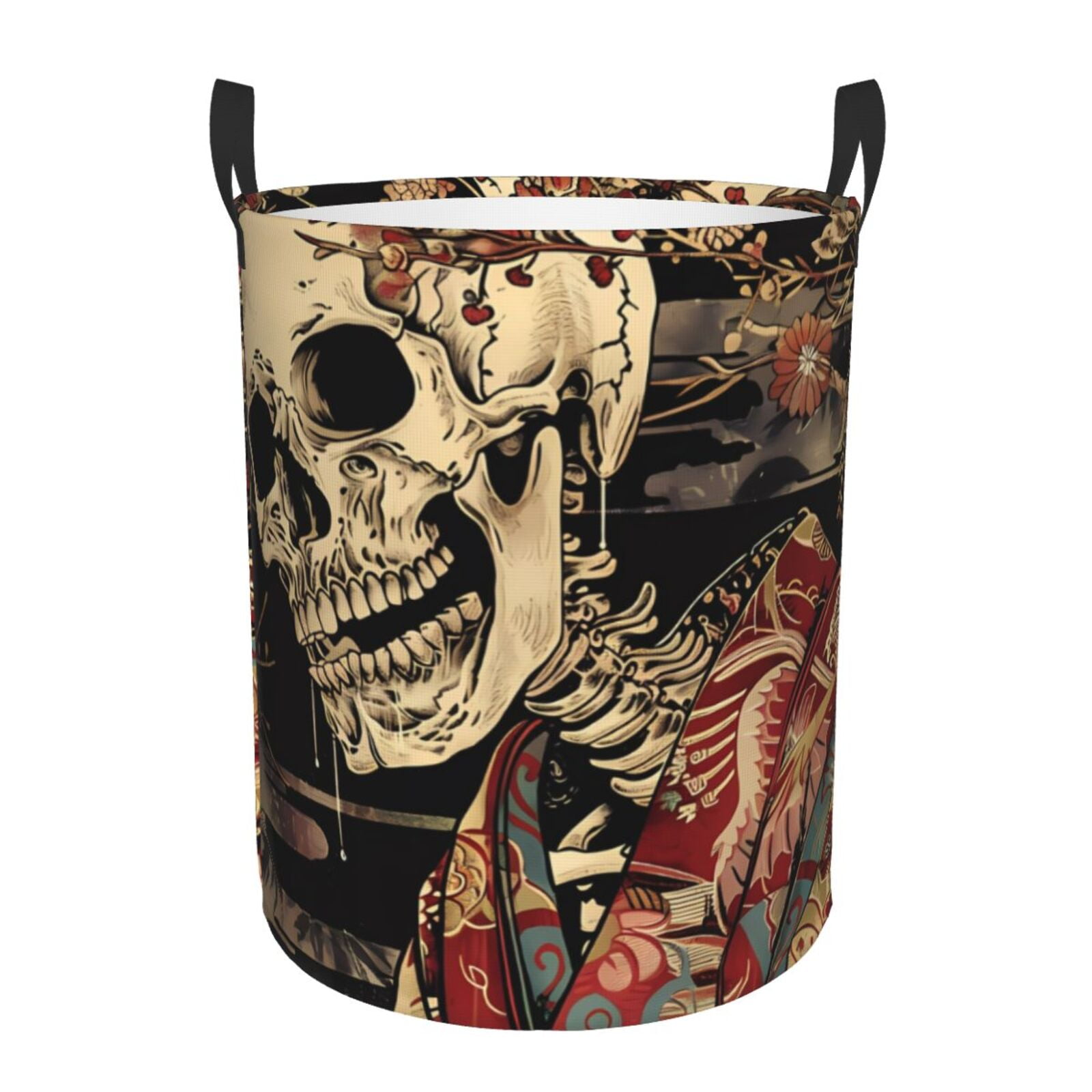 Daiia Gothic Eastern Floral Skull Round Laundry Basket with Handles ...