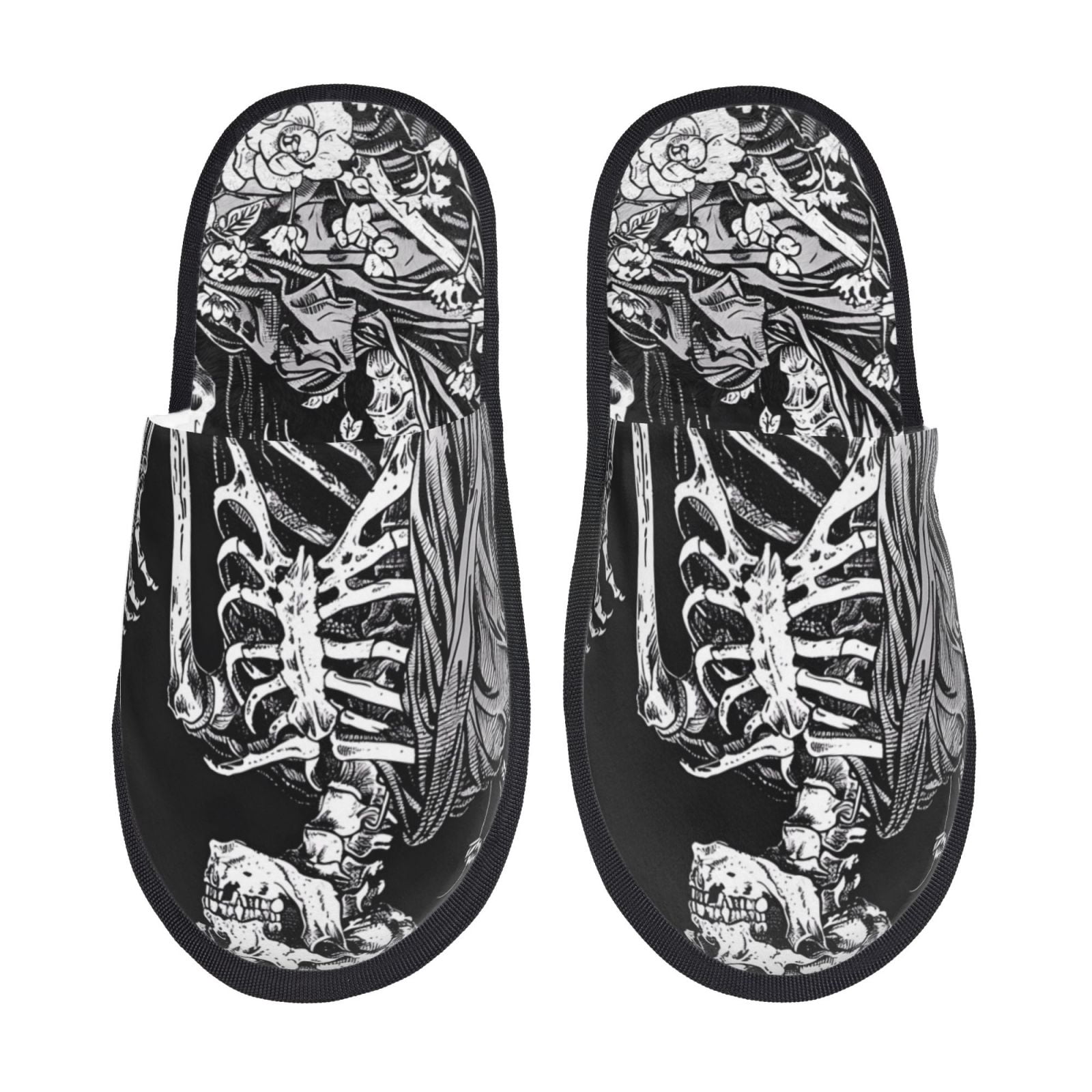 Daiia Gothic Skull Floral Art Pattern Furry Slippers for Women and Men ...