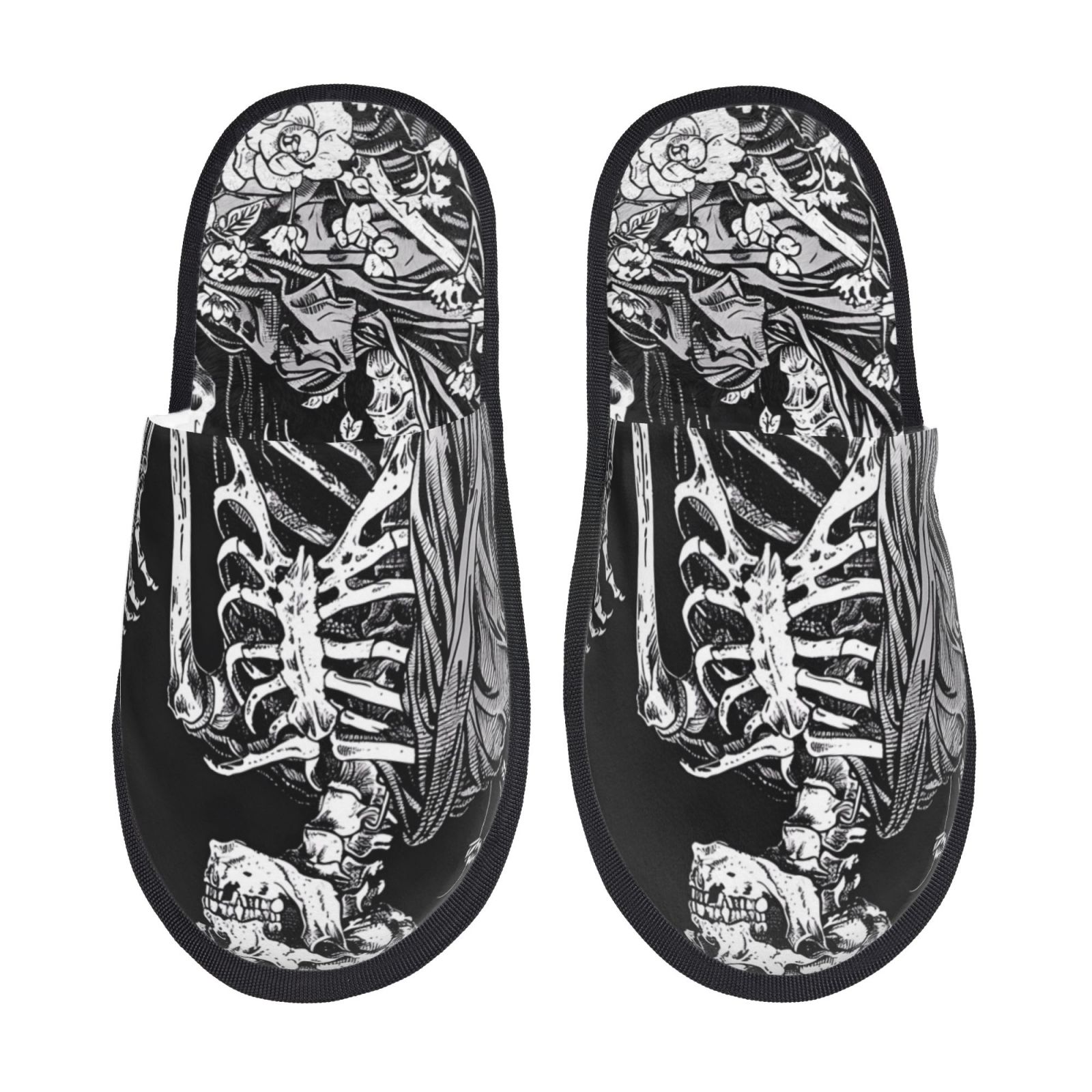 Daiia Gothic Skull Floral Art Pattern Furry Slippers for Women and Men ...