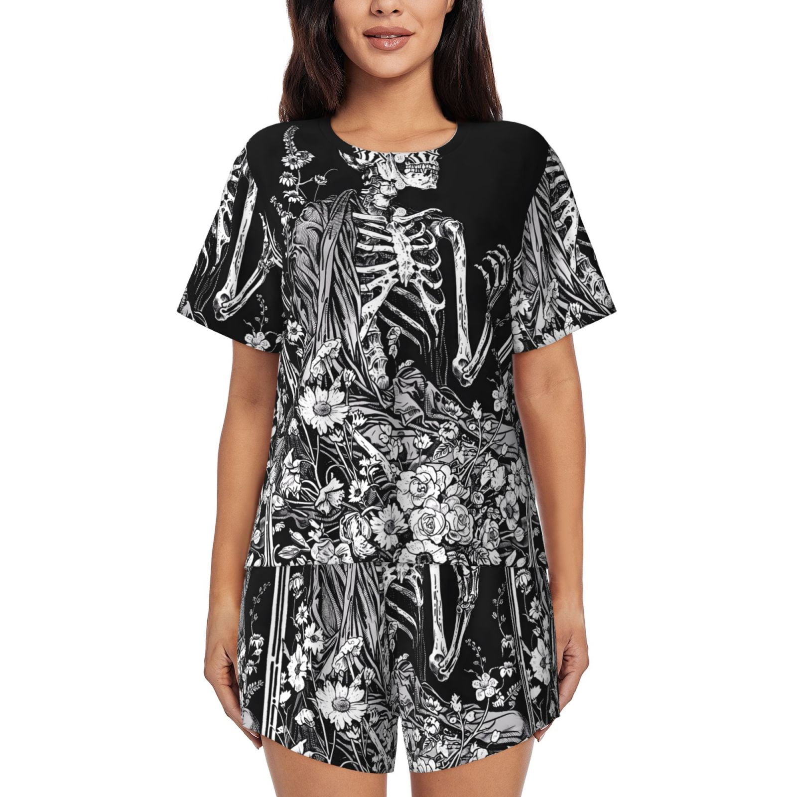 Daiia Gothic Skull Floral Art Pattern Womens Pajama Sets Short Sleeve ...