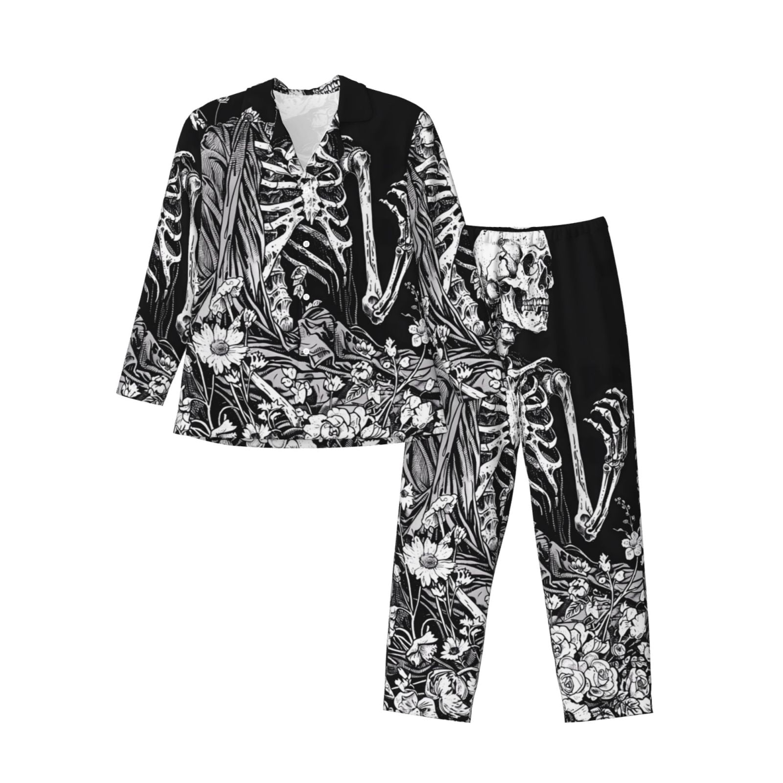Daiia Gothic Skull Floral Art for Men's Long-Sleeved Pajama Set – Soft ...