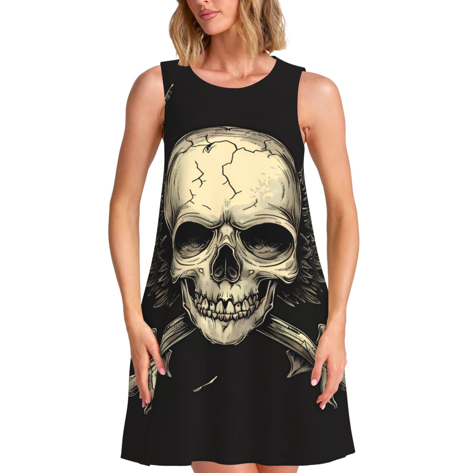Daiia Gothic Winged Skull Print Women's Dresses 2025 Trendy Short ...