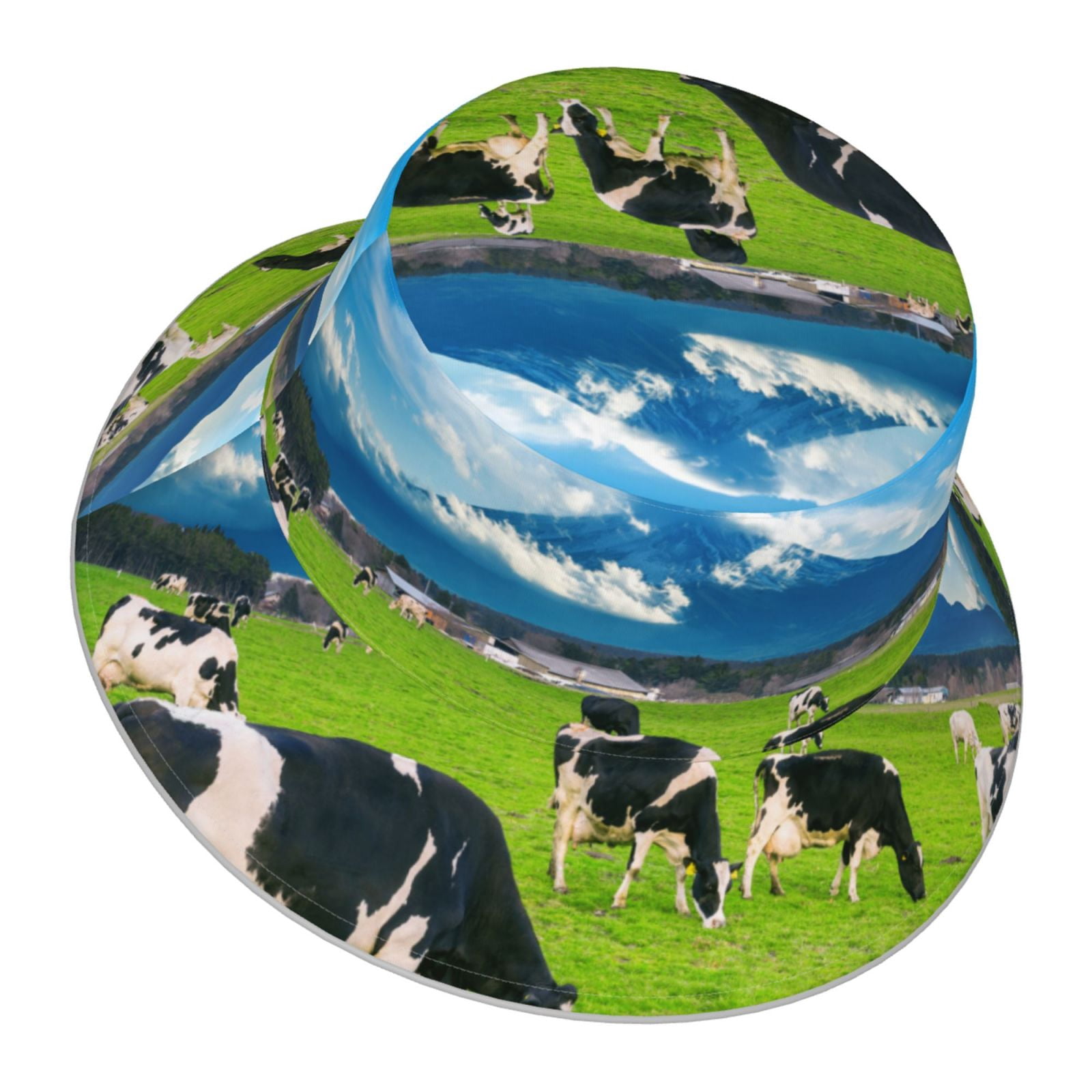 Daiia Grazing Cows Mountain View Pattern Bucket Hat - Trendy Cotton Sun ...