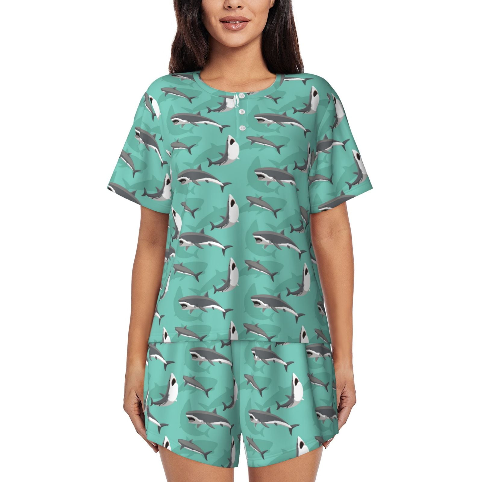 Daiia Great White Shark Pattern Womens Pajama Sets Short Sleeve Pajamas ...