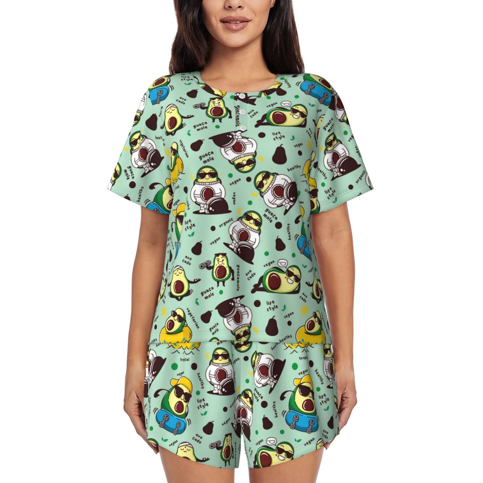 Daiia Green Cute Avocado Pattern Womens Pajama Sets Short Sleeve ...