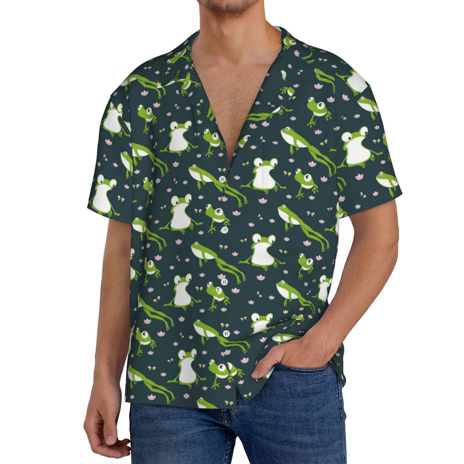 Daiia Green Frogs Men's Linen Shirts Short Sleeve Casual Shirts Button ...