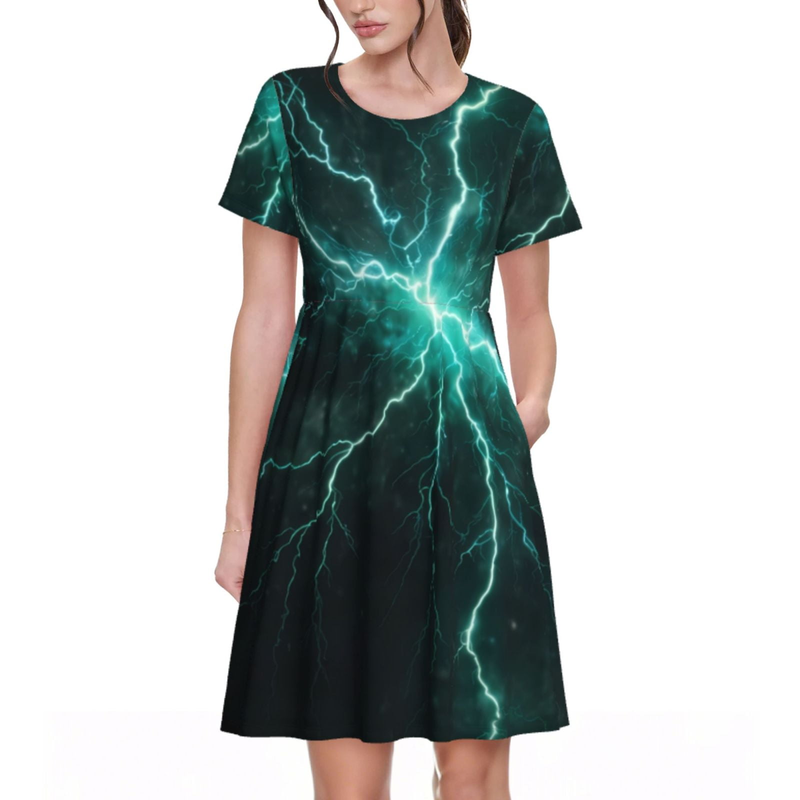 Daiia Green Lightning Flash Print Women's Dresses 2025 Trendy Short ...