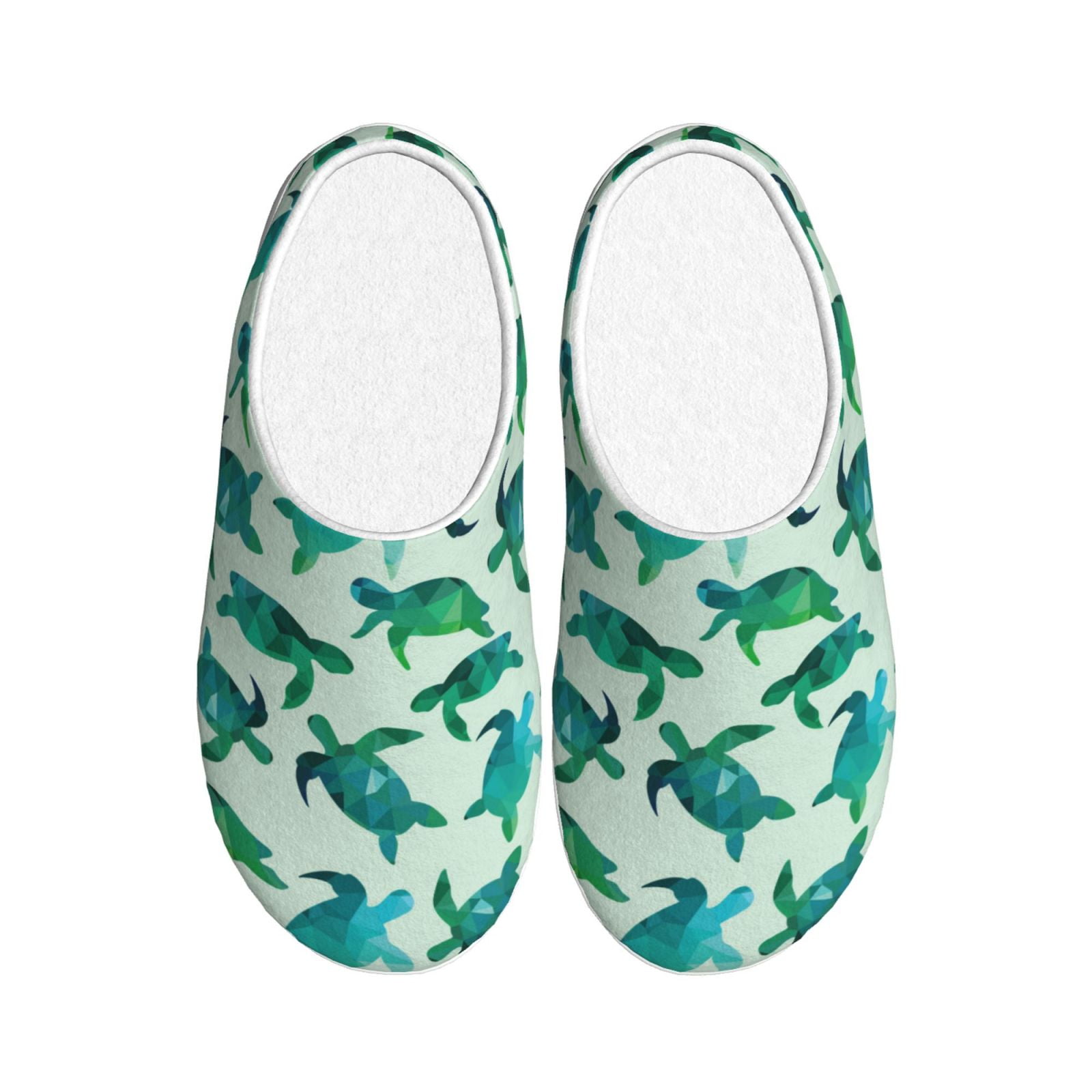 Daiia Green Sea Turtle Print Women’s Fuzzy Slippers Memory Foam ...