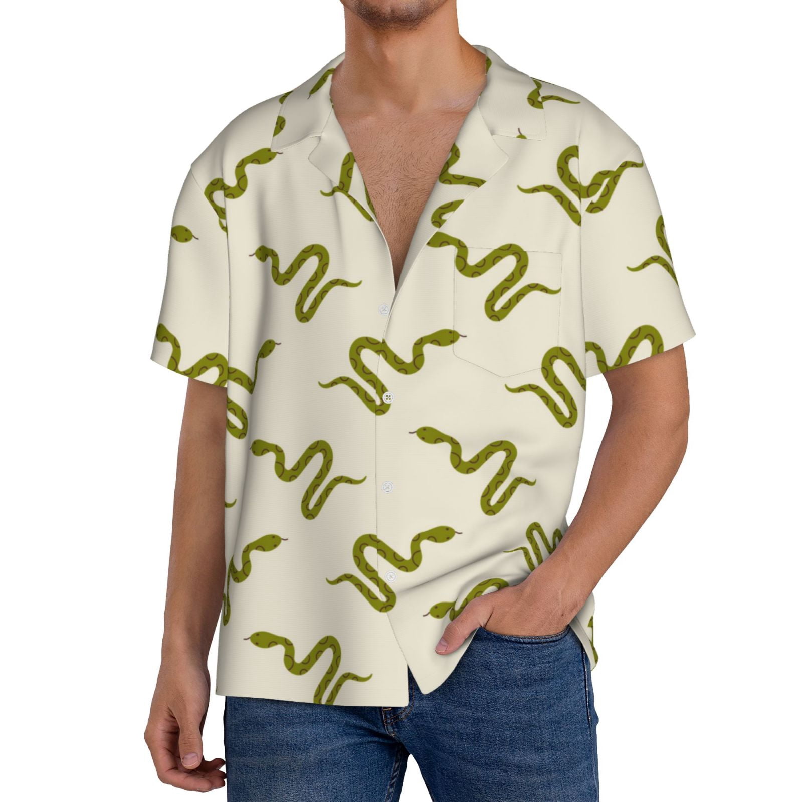 Daiia Green Snake Men's Linen Shirts Short Sleeve Casual Shirts Button ...