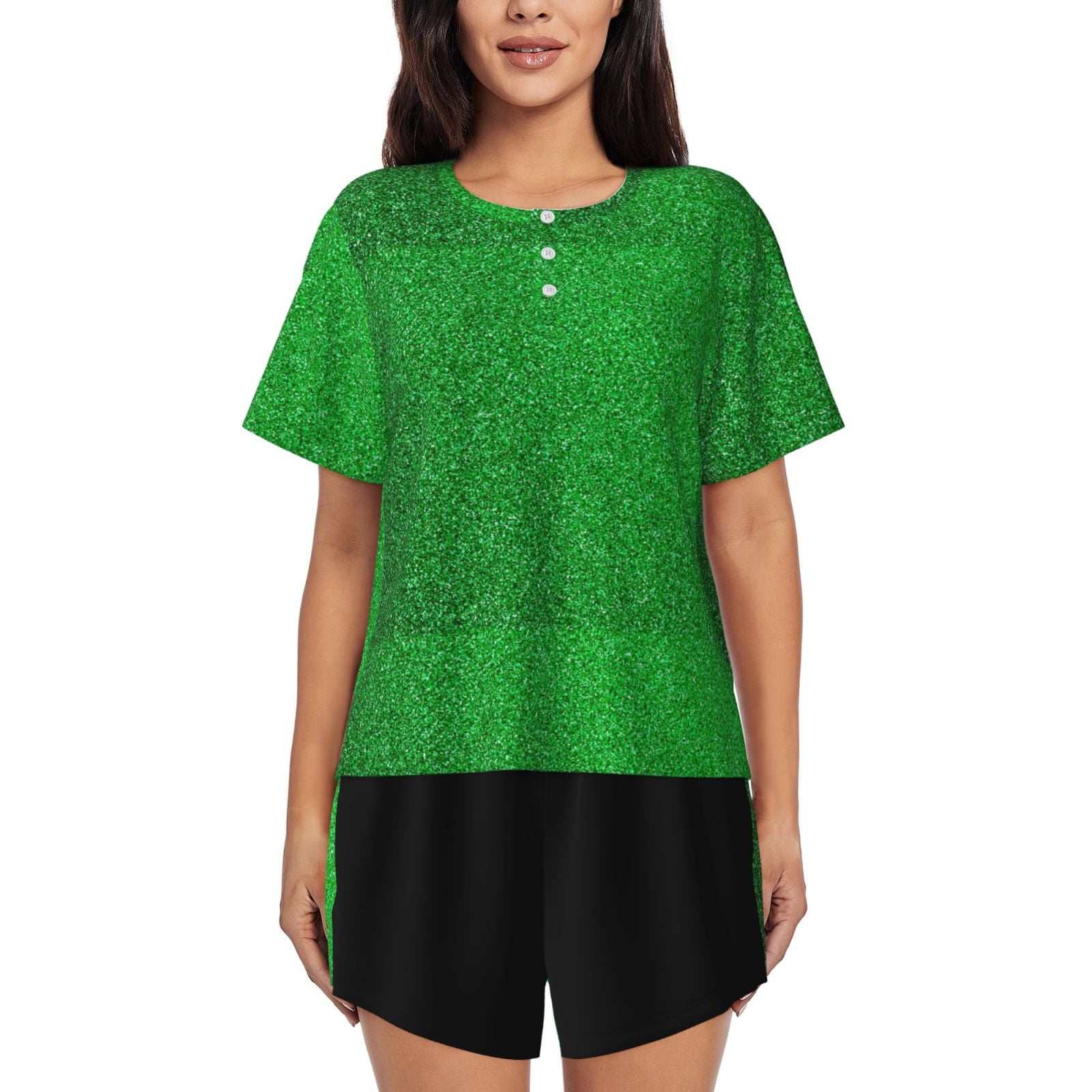 Daiia Green Sparkling Shiny Pattern Womens Pajama Sets Short Sleeve ...
