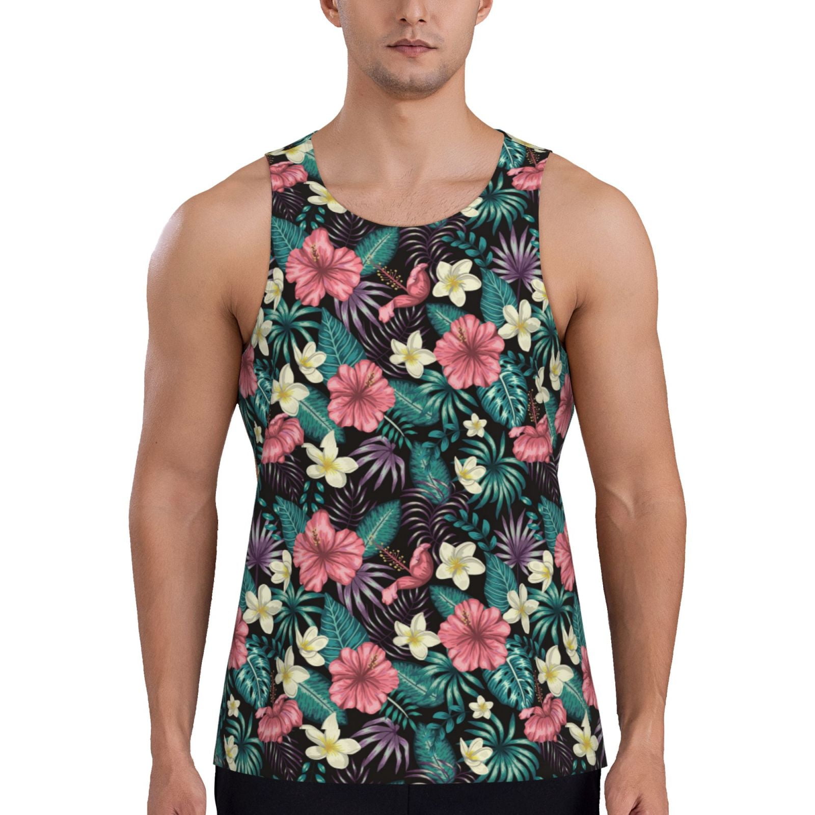 Daiia Green Tropical Leaves Printed Men's Quick Dry Fit Muscle Tank Top ...