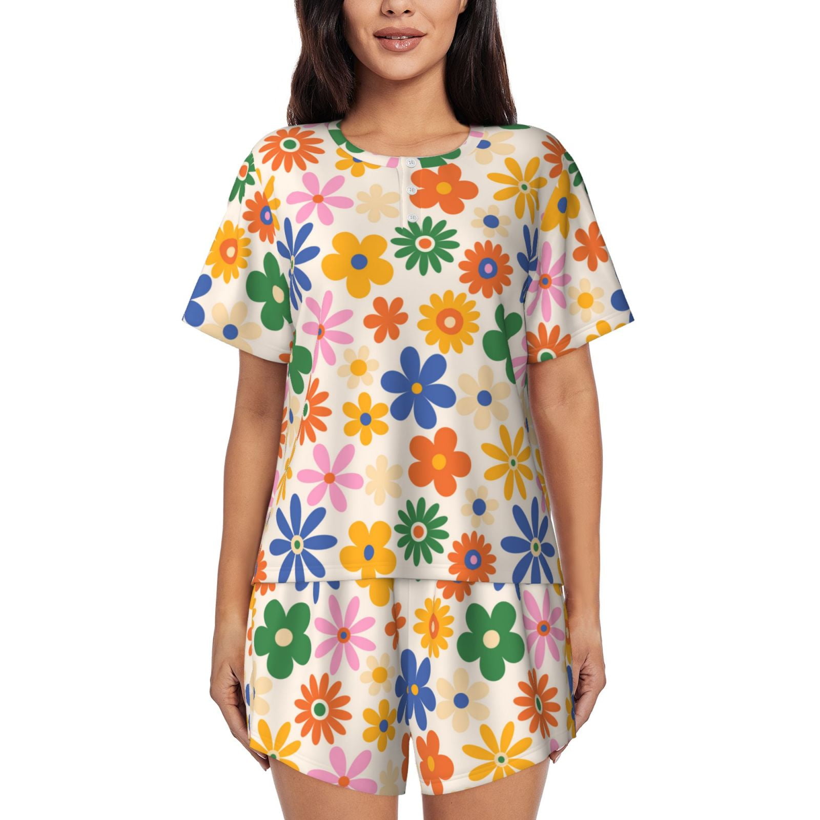 Daiia Groovy Daisy Flowers Pattern Womens Pajama Sets Short Sleeve ...