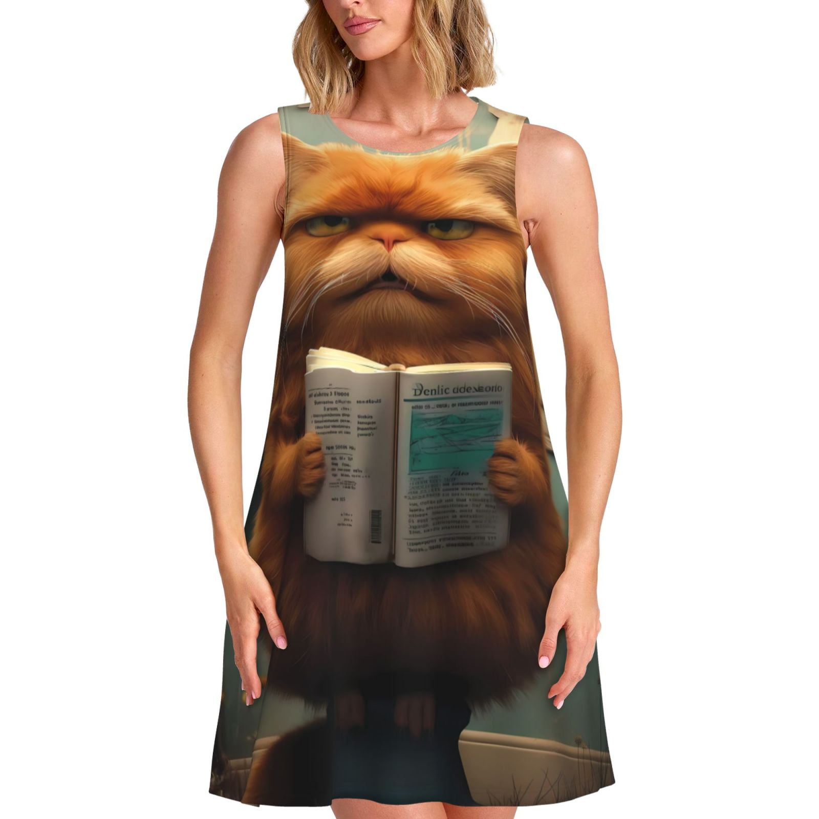 Daiia Grumpy Cat Reading Book Print Women's Dresses 2025 Trendy Short ...