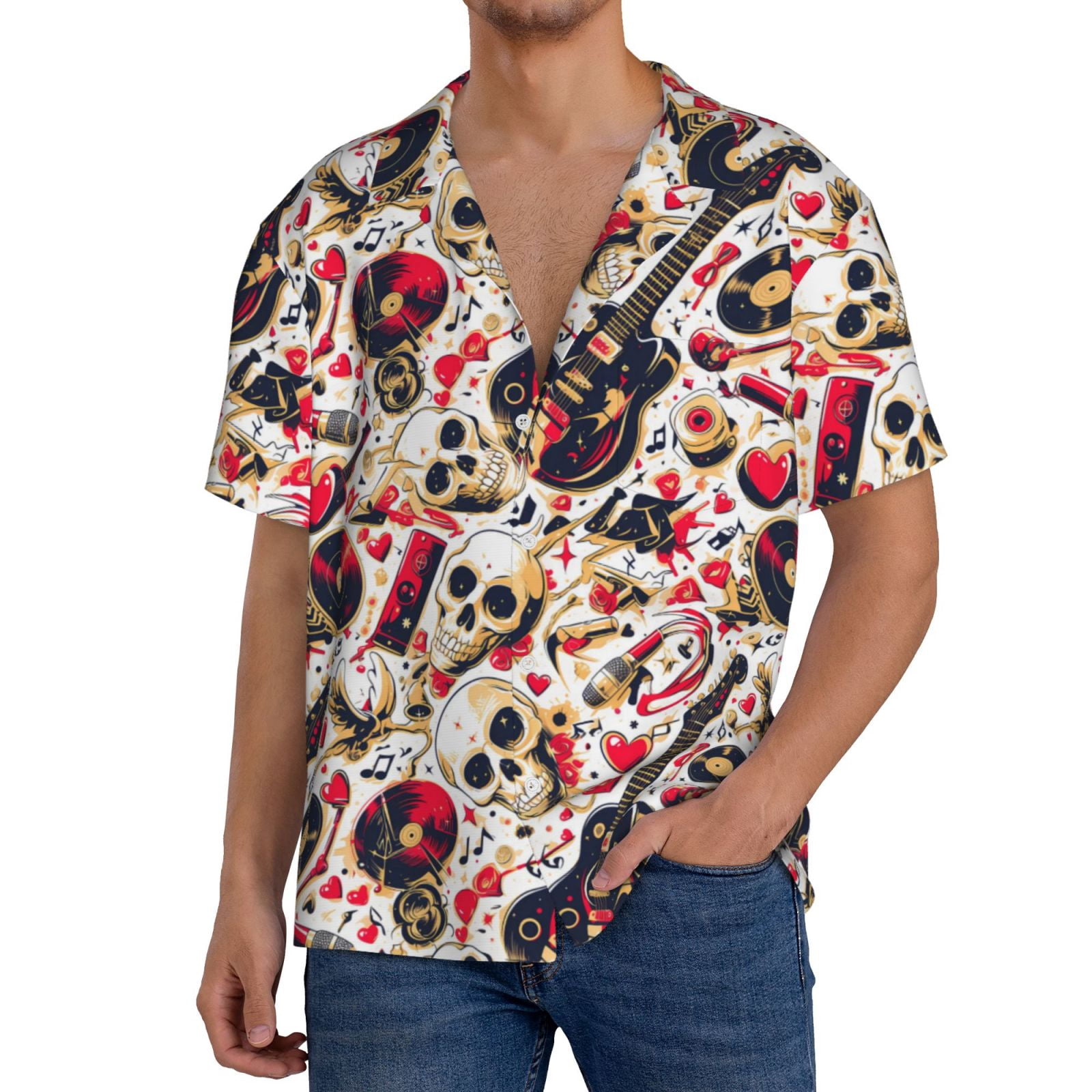 Daiia Guitar Skull rock Men's Linen Shirts Short Sleeve Casual Shirts ...