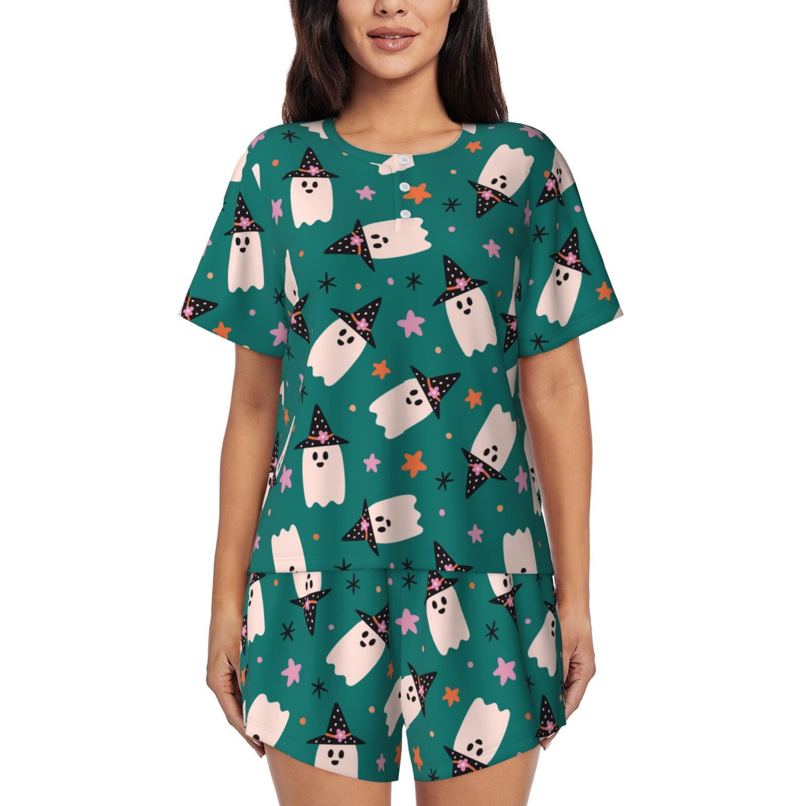 Daiia Halloween Ghosts Pattern Womens Pajama Sets Short Sleeve Pajamas ...