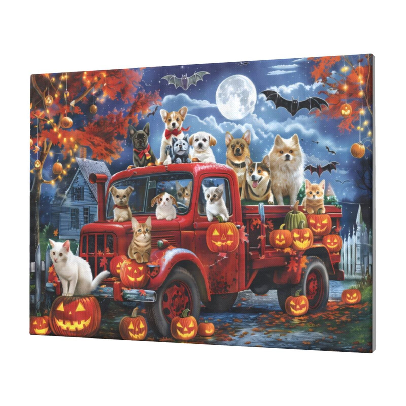 Daiia Halloween Pets Pumpkins Print Canvas Decorative Picture – 30x40in Artistic Wall Art, Ready ...