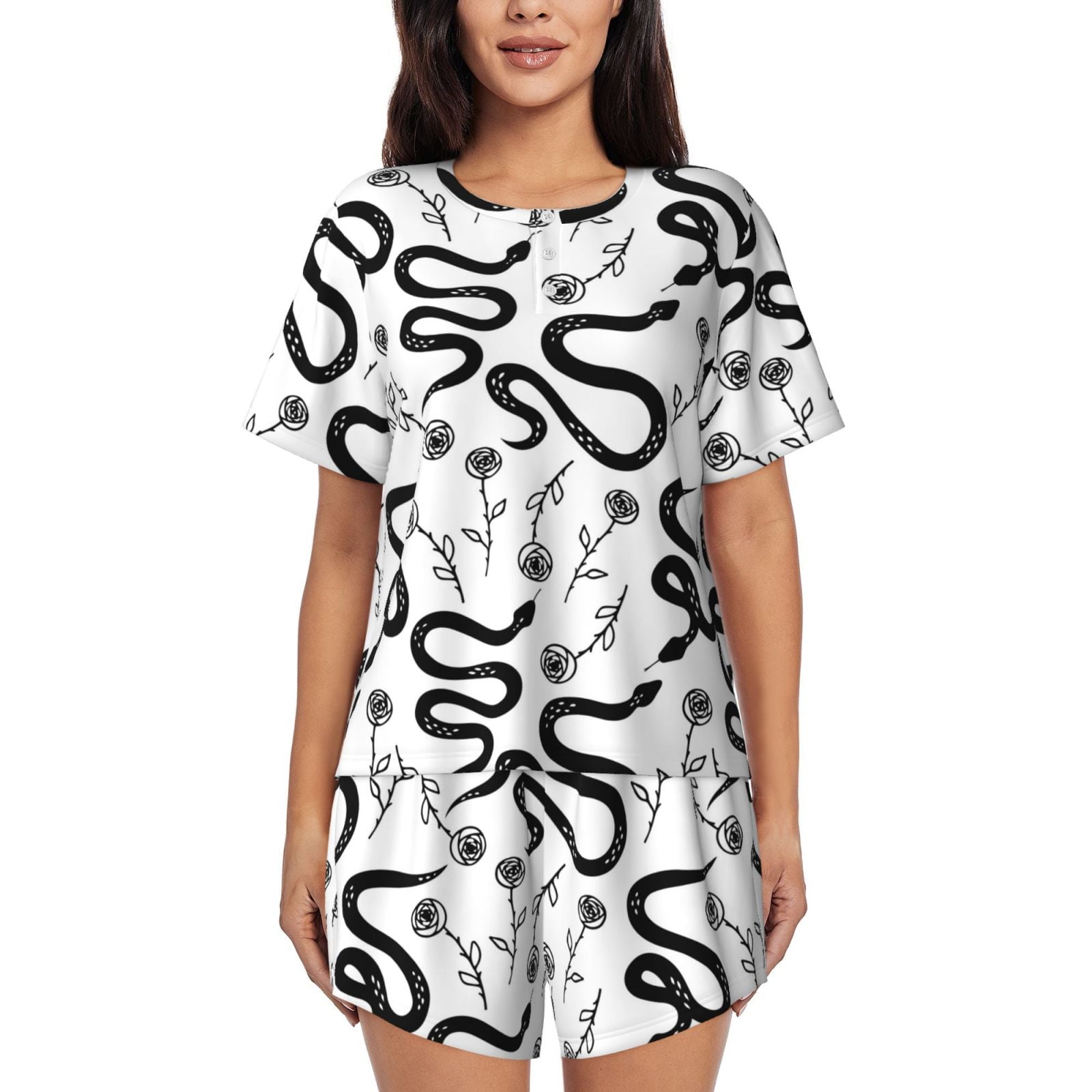 Daiia Hand Drawn Snake Pattern Womens Pajama Sets Short Sleeve Pajamas ...