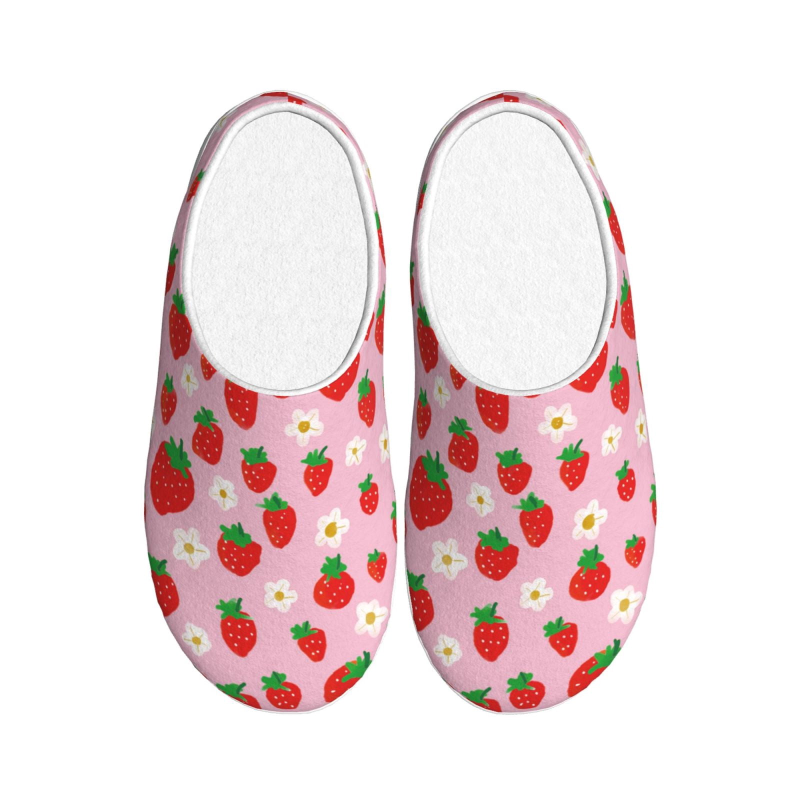 Daiia Hand Drawn Strawberry Print Women’s Fuzzy Slippers Memory Foam ...