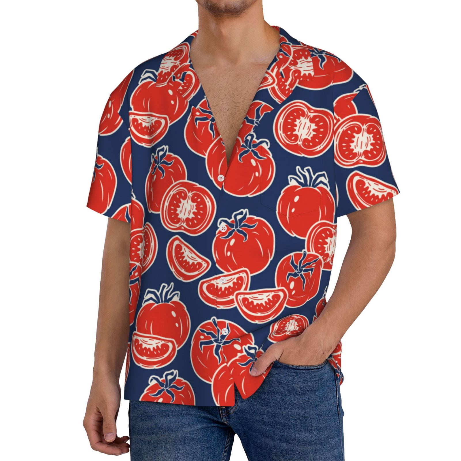 Daiia Hand Drawn Tomatoes Men's Linen Shirts Short Sleeve Casual Shirts ...