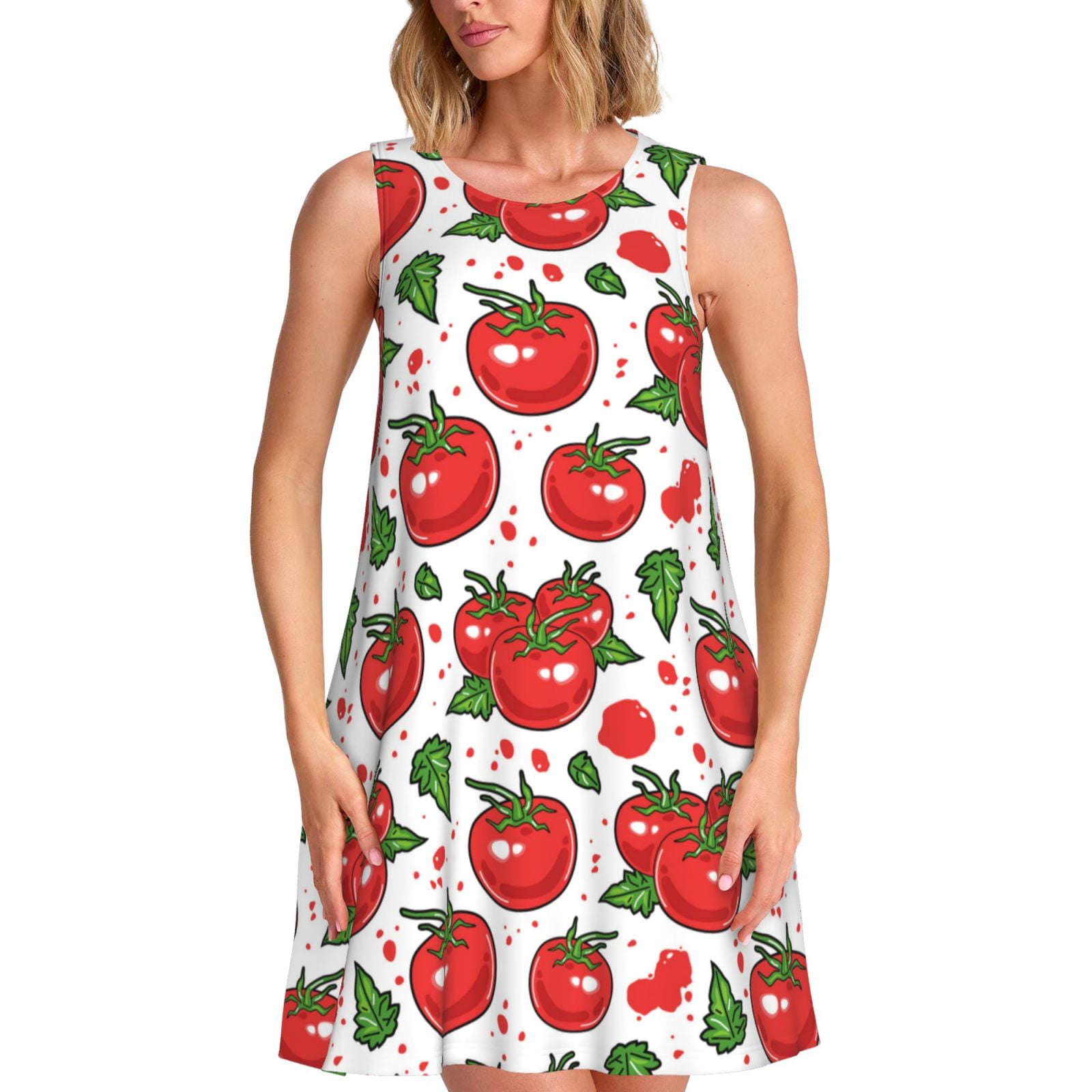 Daiia Hand Drawn Tomatoes Print Women's Dresses 2025 Trendy Short sleeve Dresses Casual Baggy ...