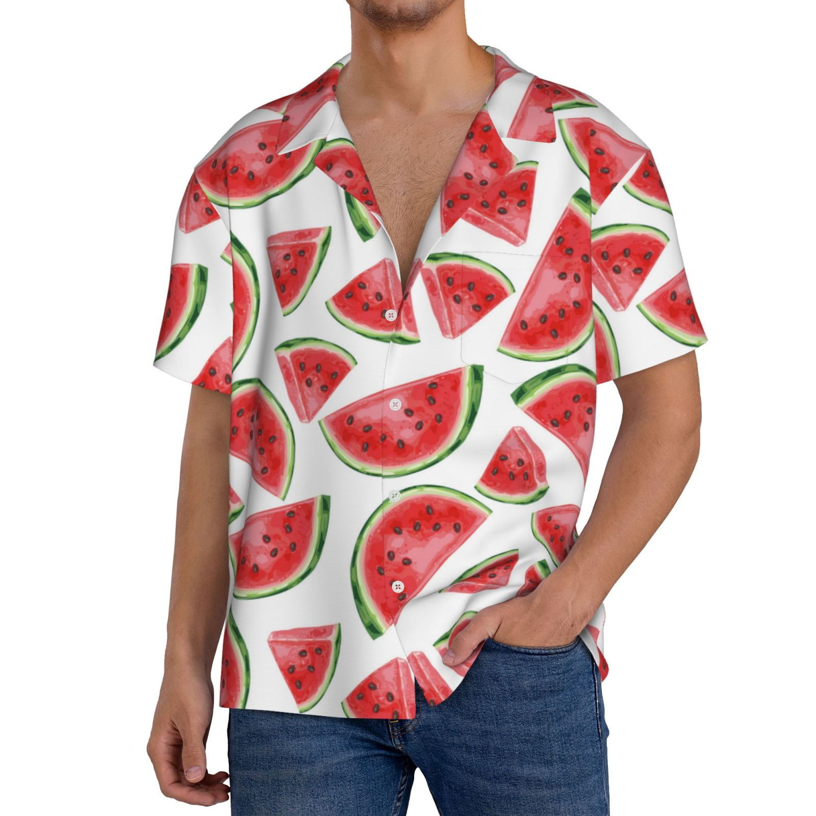 Daiia Hand Drawn Watermelon Men's Linen Shirts Short Sleeve Casual ...