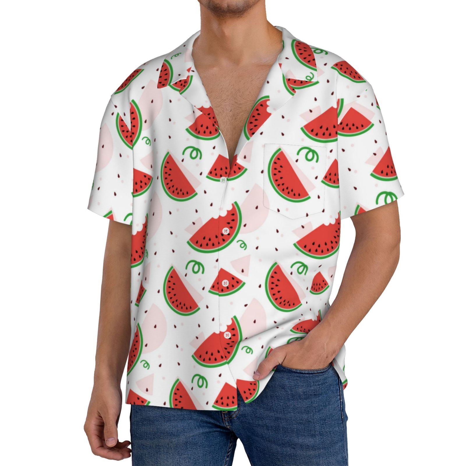 Daiia Hand Drawn Watermelon Men's Linen Shirts Short Sleeve Casual ...