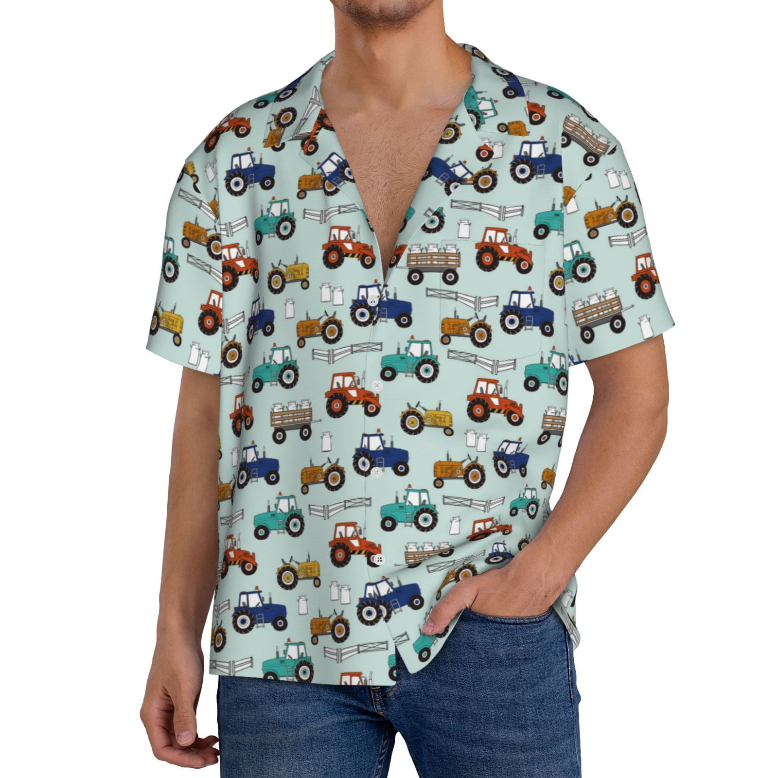 Daiia Hand drawn tractors Pattern Men's Linen Shirts Short Sleeve ...