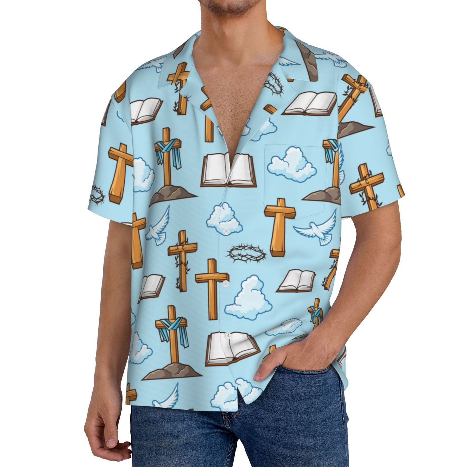 Daiia Happy Easte Pattern Men's Linen Shirts Short Sleeve Casual Shirts ...