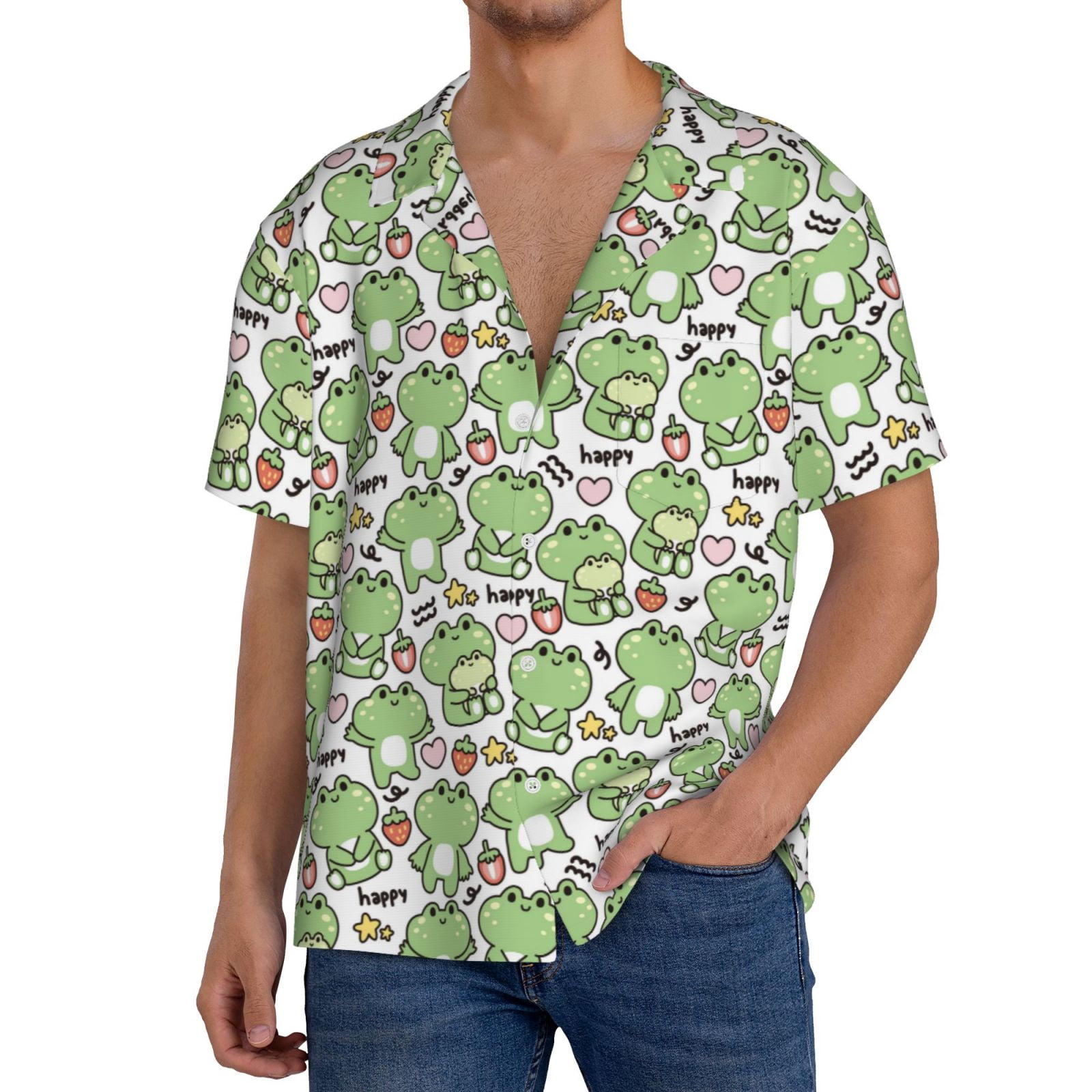 Daiia Happy Frogs Men's Linen Shirts Short Sleeve Casual Shirts Button ...