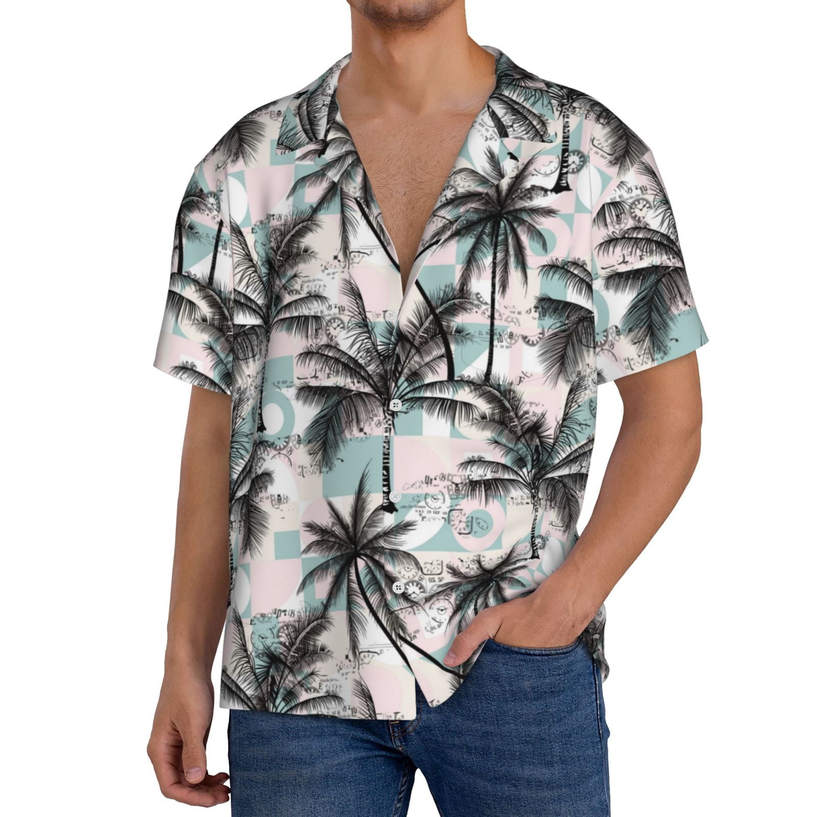 Daiia Hawaii Palms Men's Linen Shirts Short Sleeve Casual Shirts Button ...