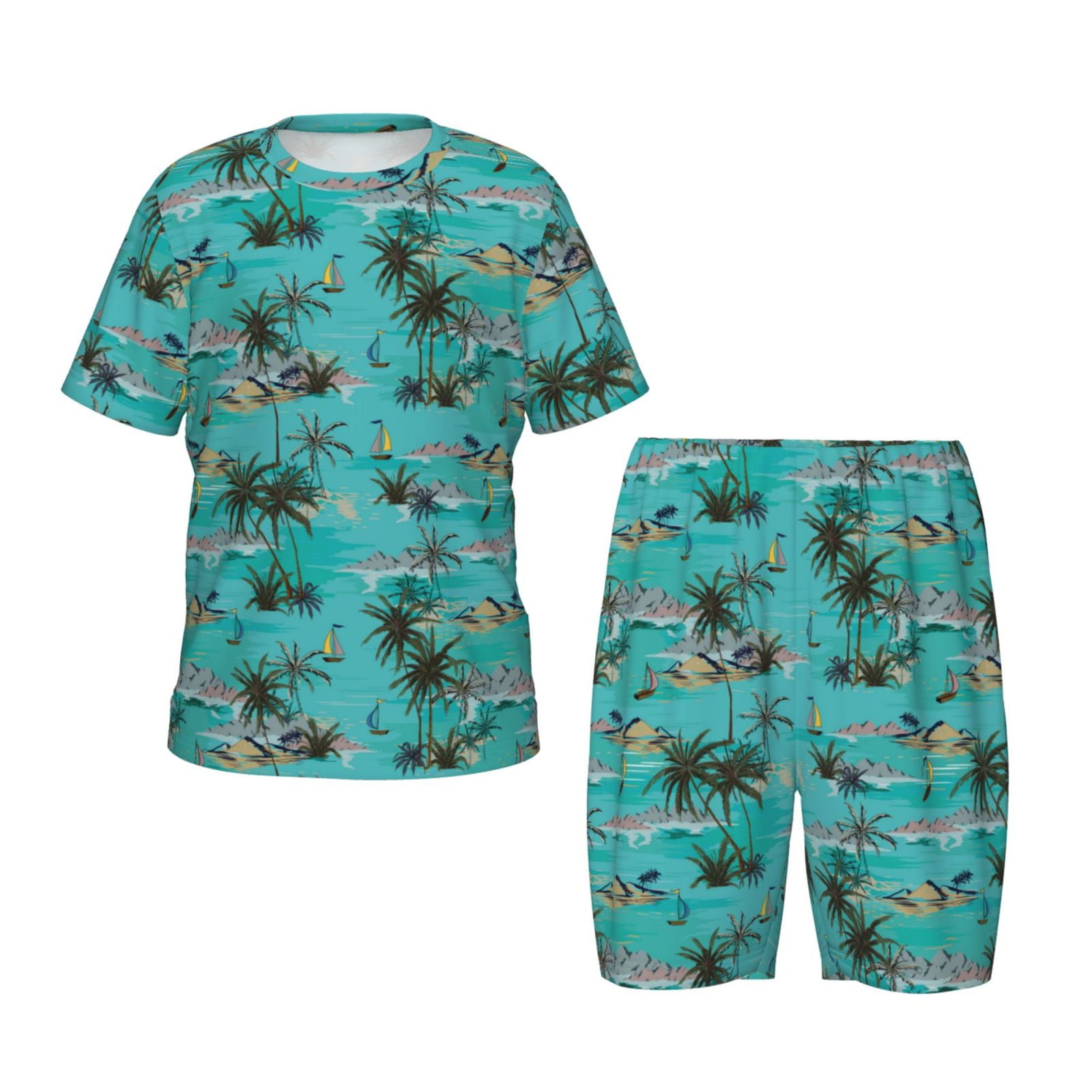Daiia Hawaii Palms Print Children’s Cotton Pajama Set – Short-Sleeved Top & Shorts, Lightweight ...