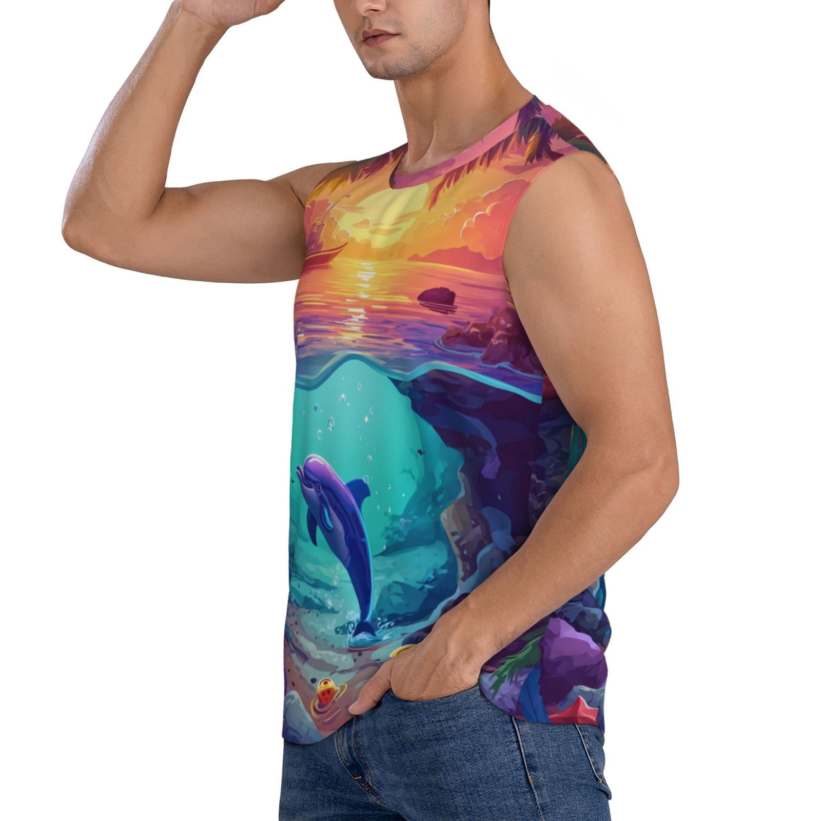 Daiia Hawaiian Island Dolphin Printed Men's Tank Tops,Casual Soft ...