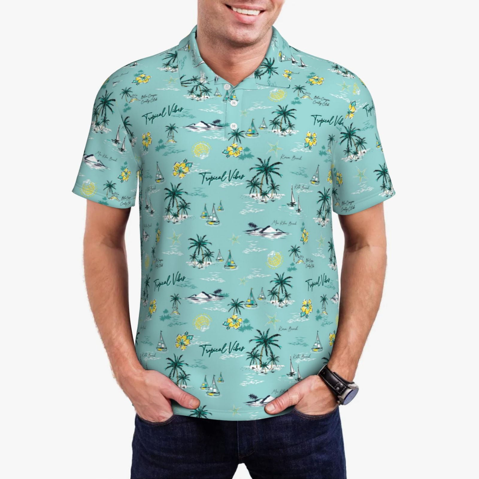 Daiia Hawaiian Style Pattern Men’s Polo Shirts,Solid Deck Shirt,Classic ...
