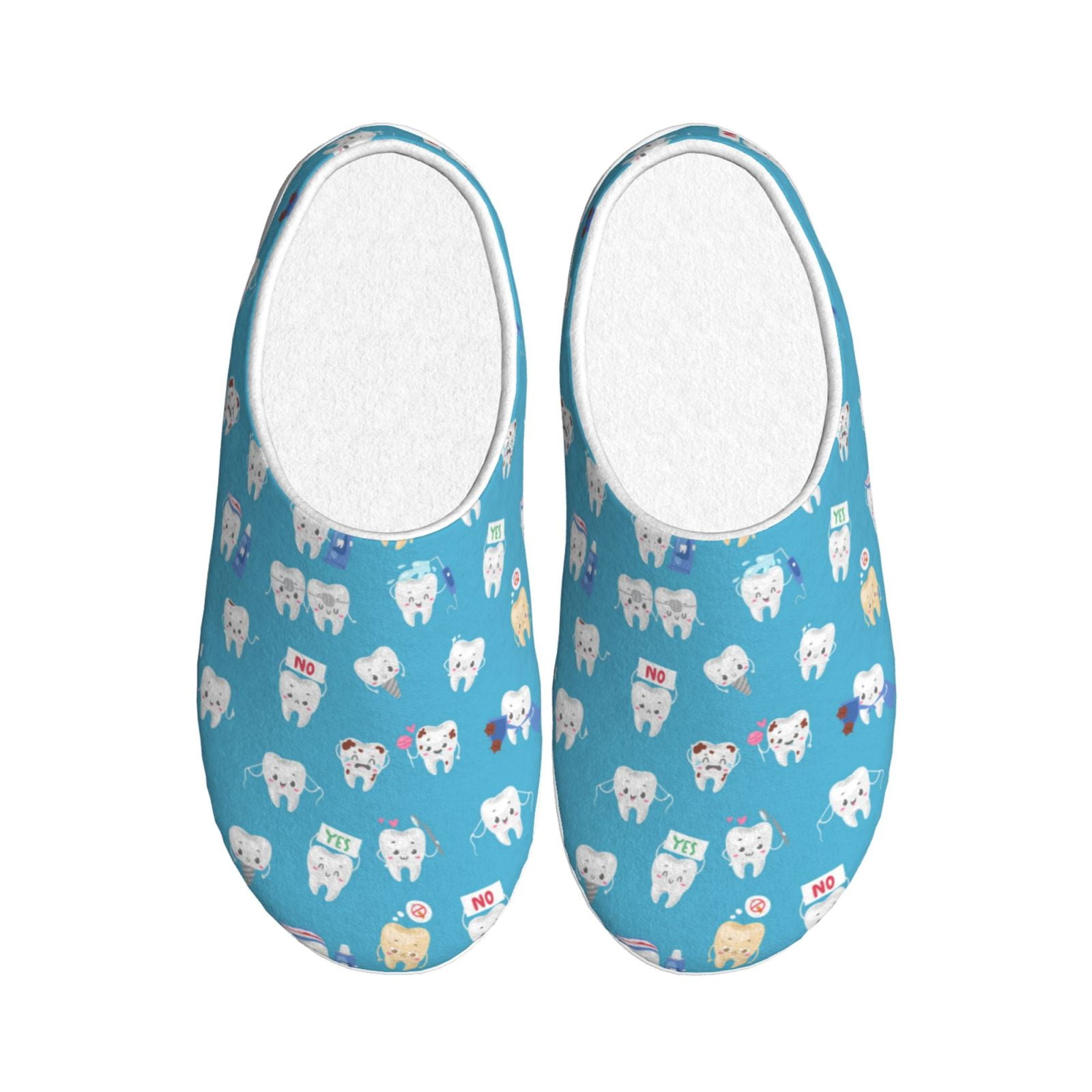 Daiia Healthy And Ill White Teeth Print Women’s Fuzzy Slippers Memory ...