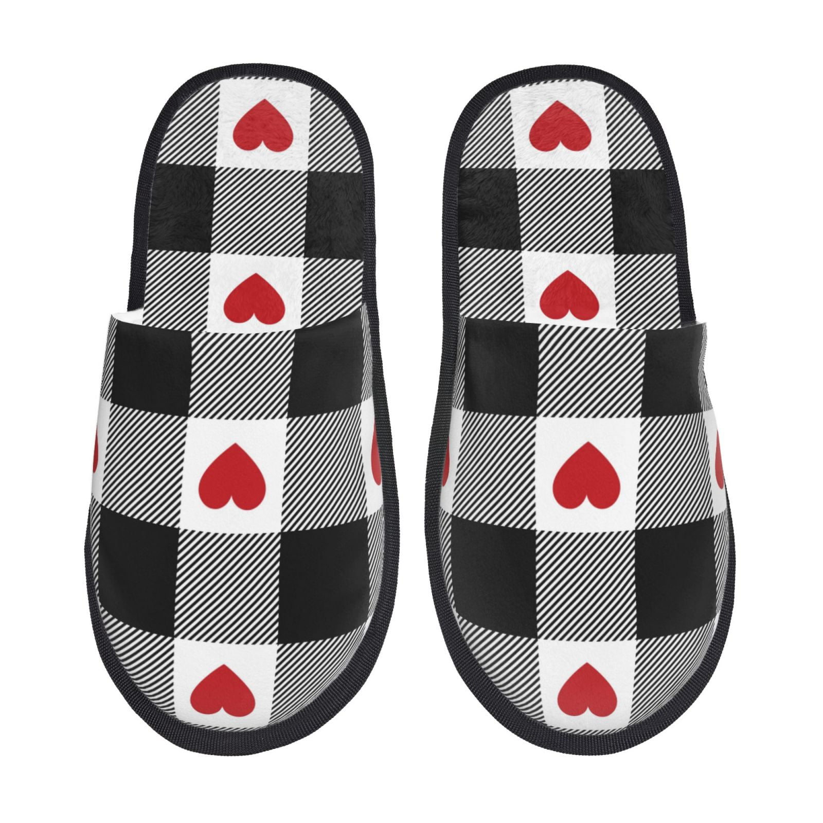 Daiia Heart Black Buffalo Plaid Gingham Pattern Furry Slippers for ...