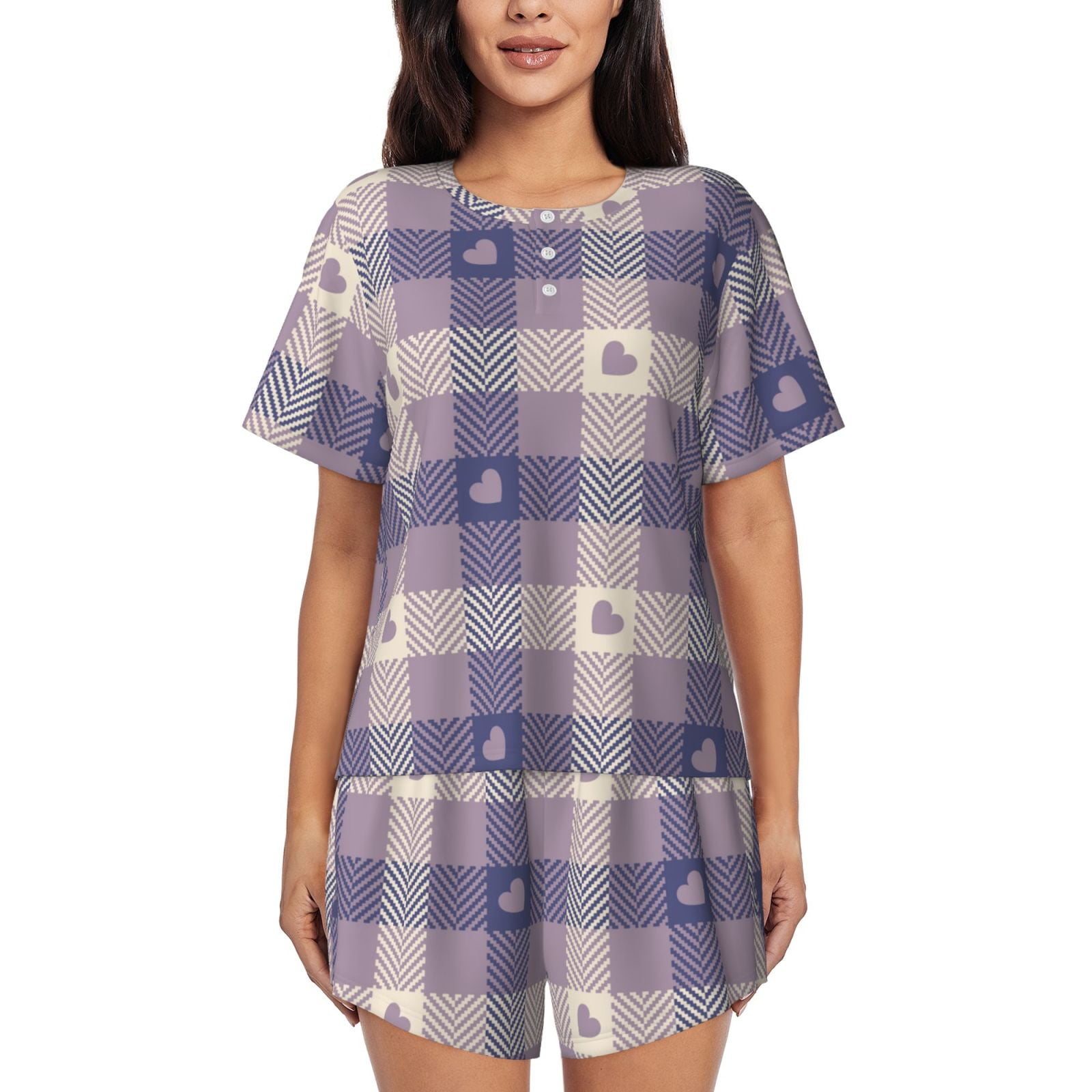 Daiia Heart Check Plaid Pattern Womens Pajama Sets Short Sleeve Pajamas ...