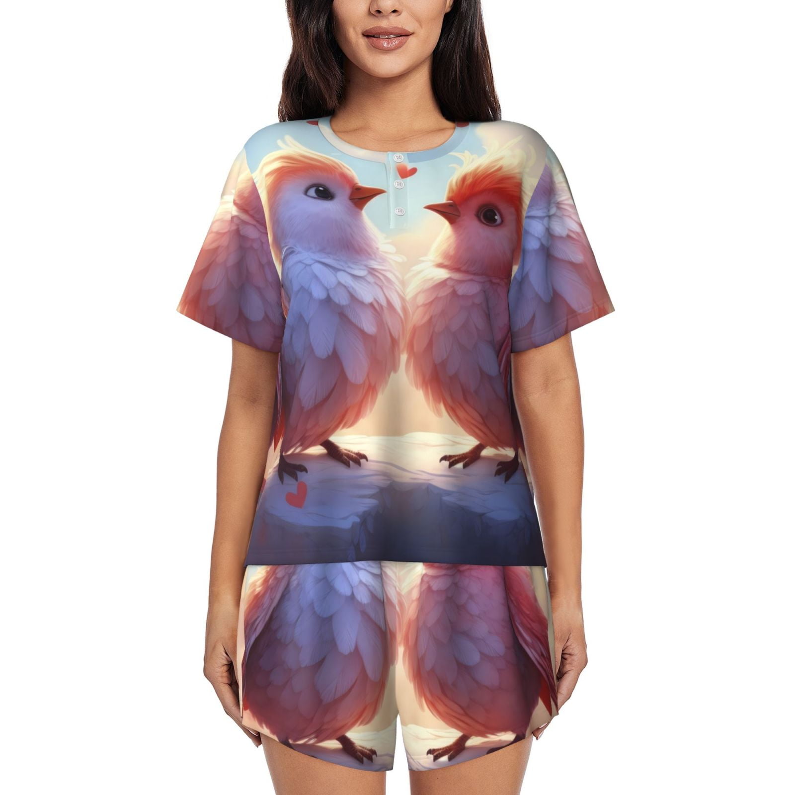 Daiia Heart Sky Bird Couple Pattern Womens Pajama Sets Short Sleeve ...