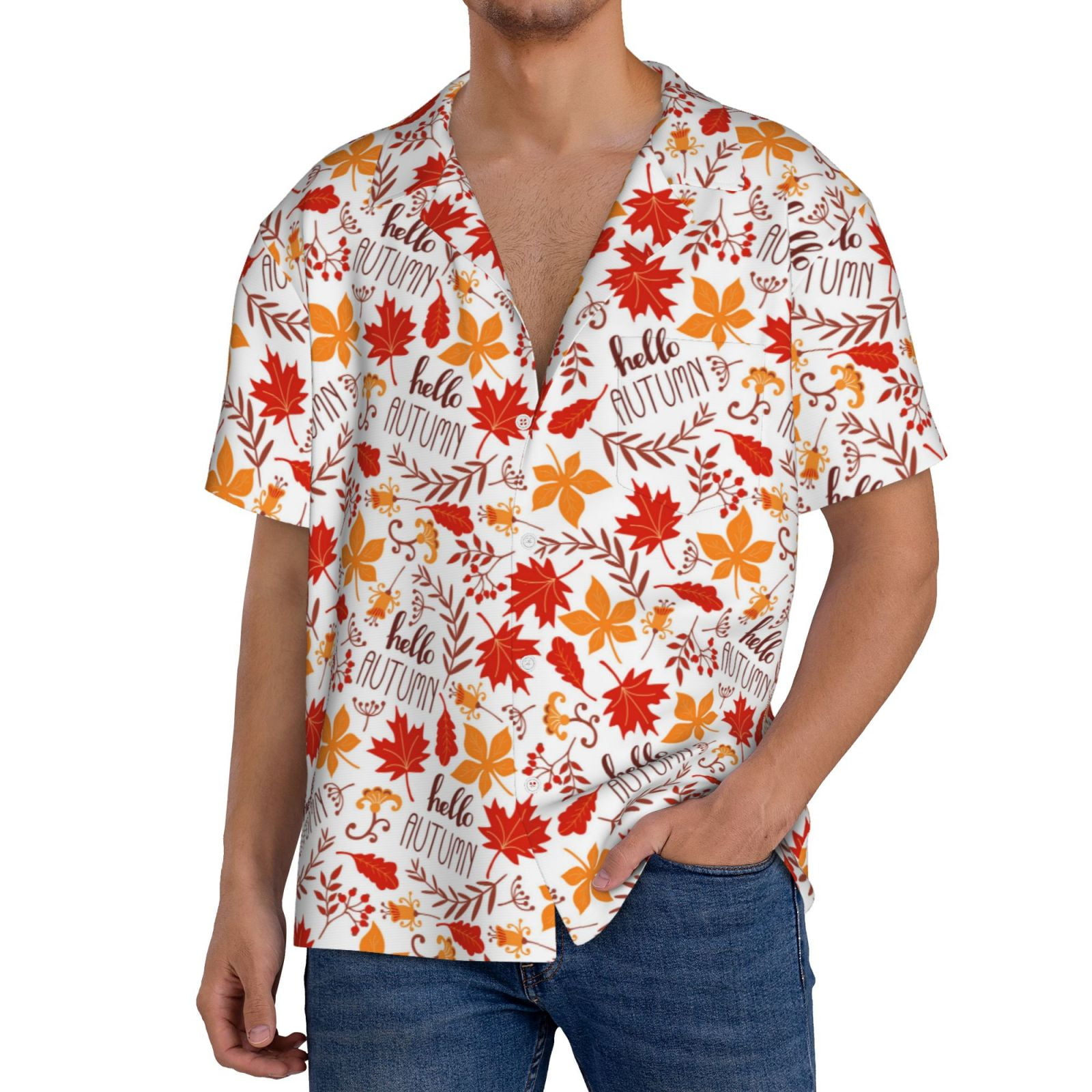 Daiia Hello Autumn Maple Leaf Men's Linen Shirts Short Sleeve Casual ...