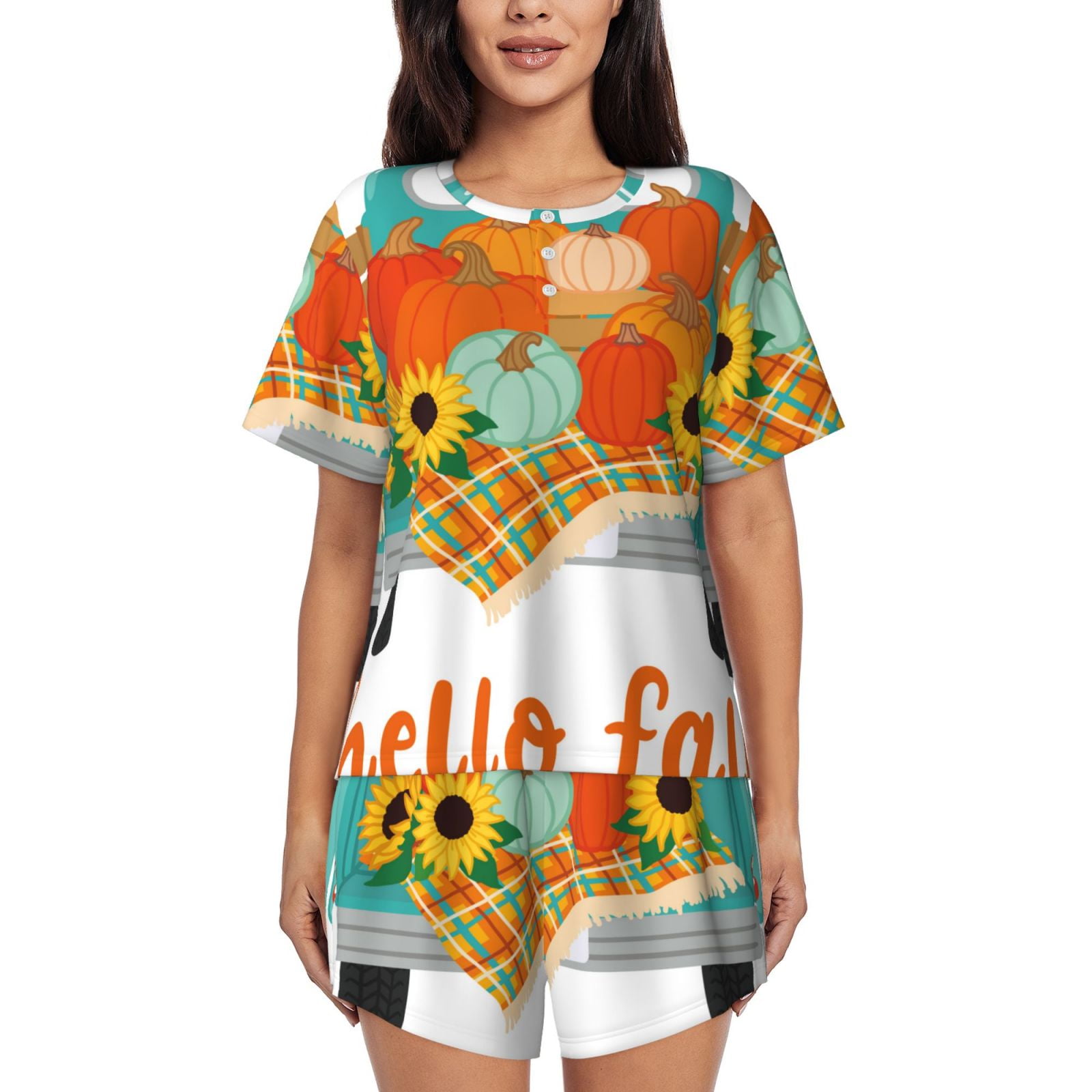 Daiia Hello Fall Farm Truck Pattern Womens Pajama Sets Short Sleeve ...