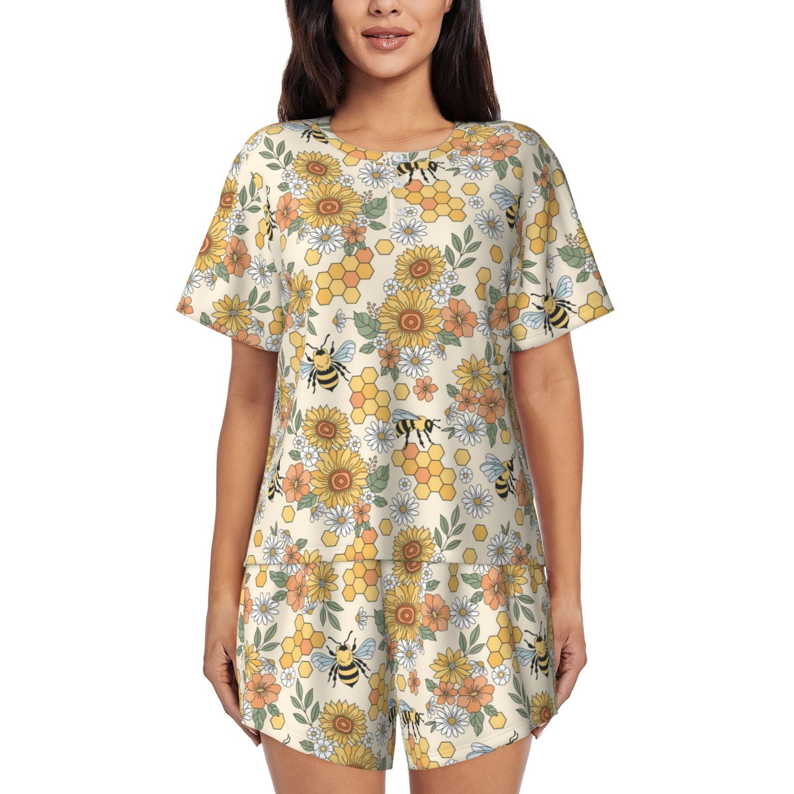 Daiia Hippie Bee Honeycomb Pattern Womens Pajama Sets Short Sleeve ...